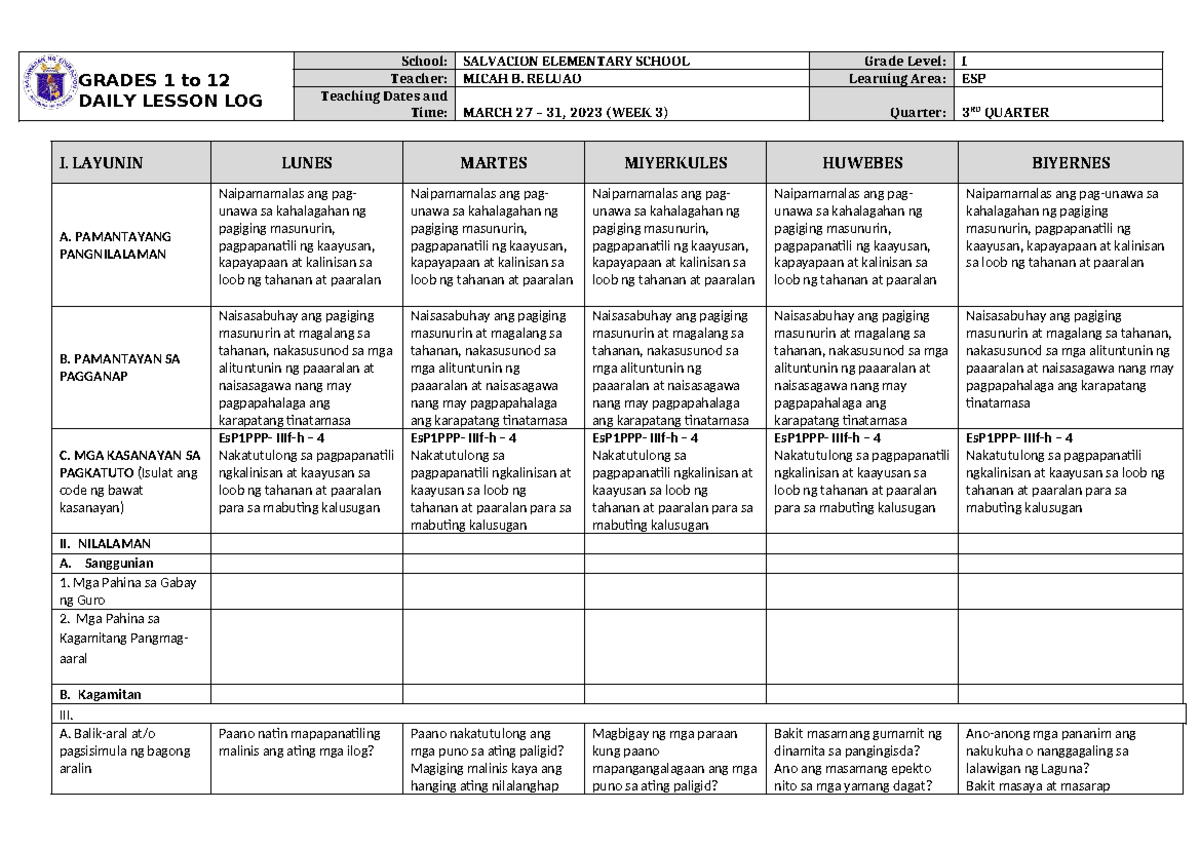 DLL ESP 1 Q3 W3 - GRADES 1 to 12 DAILY LESSON LOG School: SALVACION ...