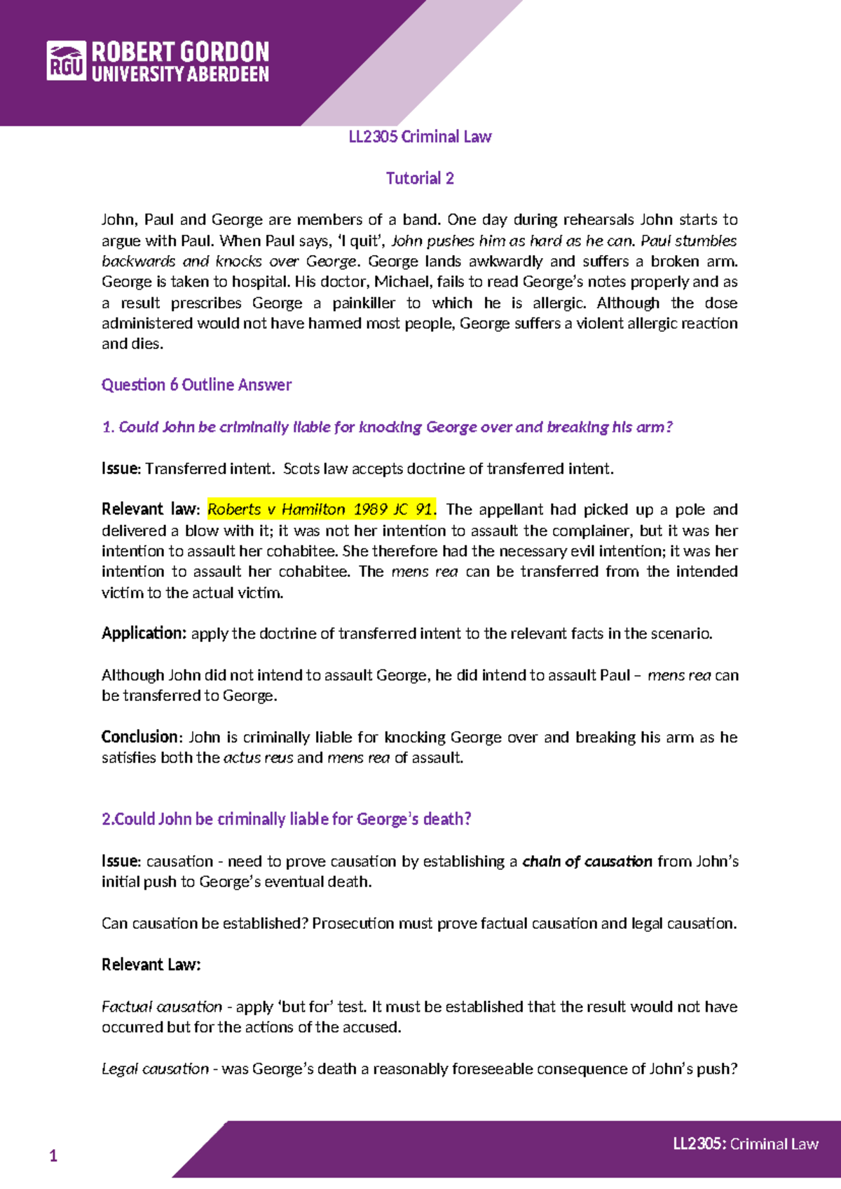 Tutorial 2 Q6 Outline Answer - 1 LL2305: Criminal Law LL2305 Criminal ...