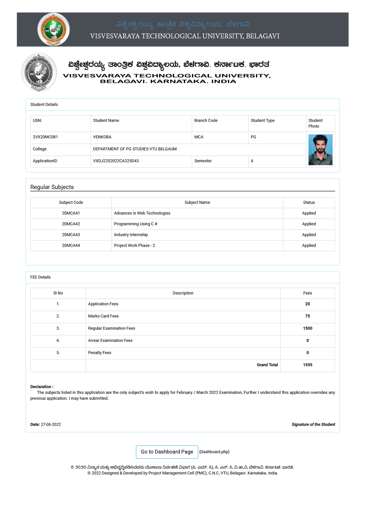 VTU Student Portal - It good - Student Details USN: Student Name Branch ...