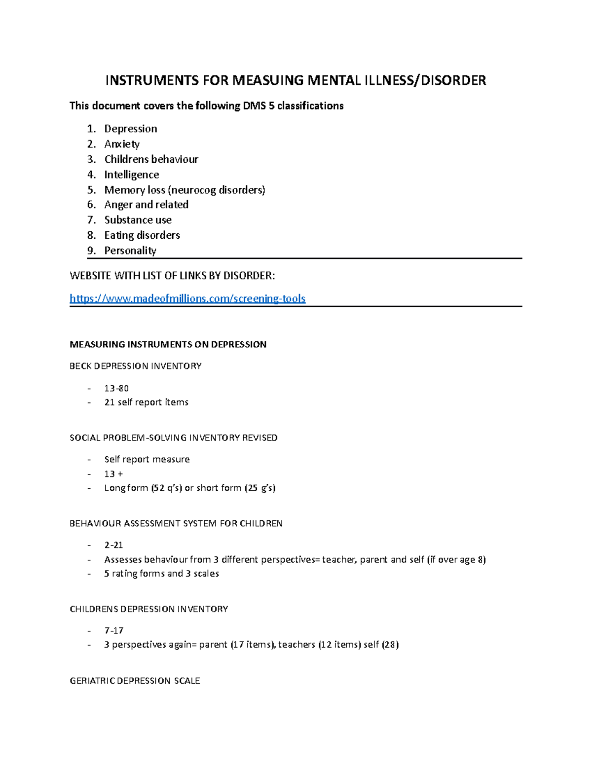 Instruments FOR Measuing Mental Illness - INSTRUMENTS FOR MEASUING ...
