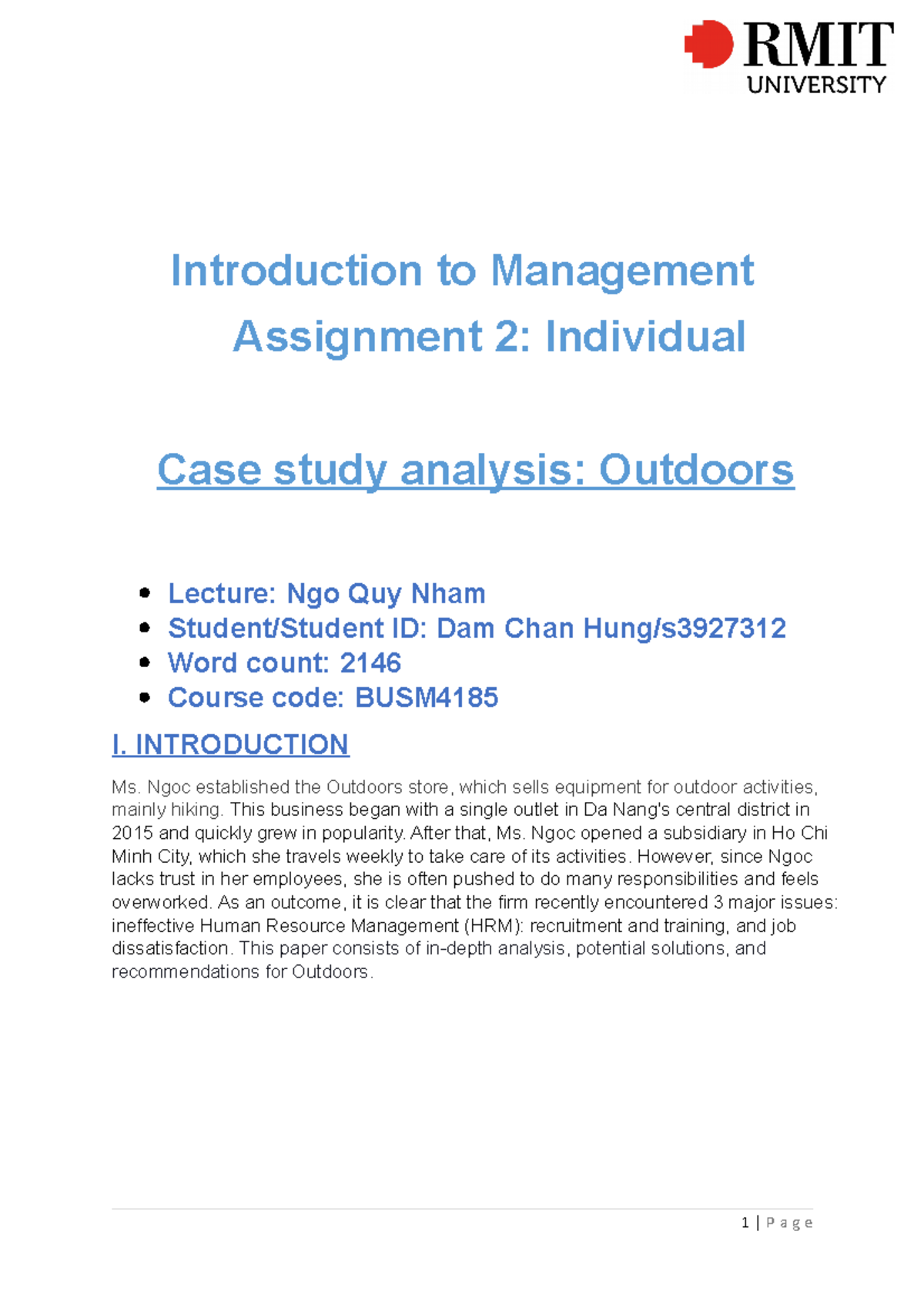 ITM case study AAAAA - Introduction to Management - RMIT University ...