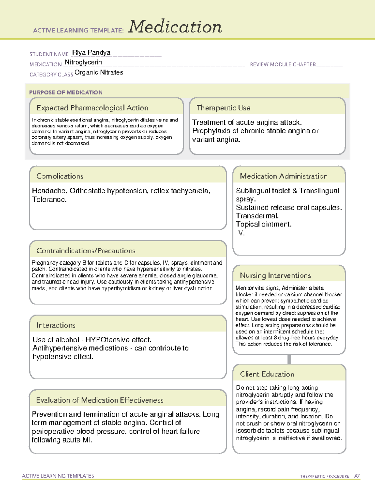 Nitroglycerin - ATI Pharmacology Templates. - ACTIVE LEARNING TEMPLATES ...