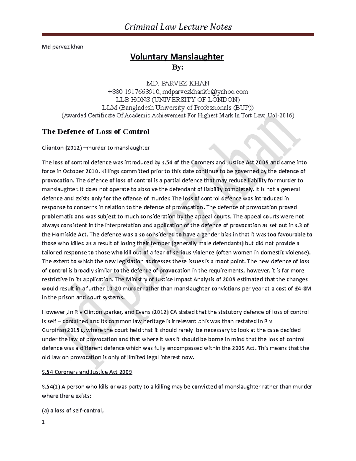 The Defence of Loss of Control - Md parvez khan Voluntary Manslaughter ...