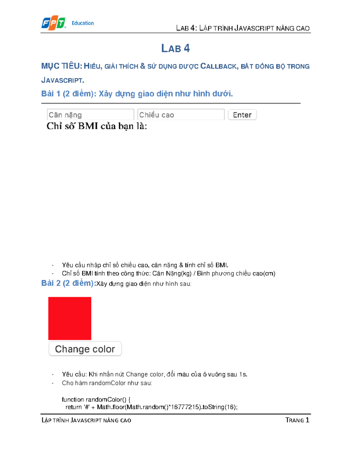 Lab 4 - Exercises for Javascript - LAB 4 : LẬP TRÌNH JAVASCRIPT NÂNG CAO LẬP TRÌNH JAVASCRIPT ...