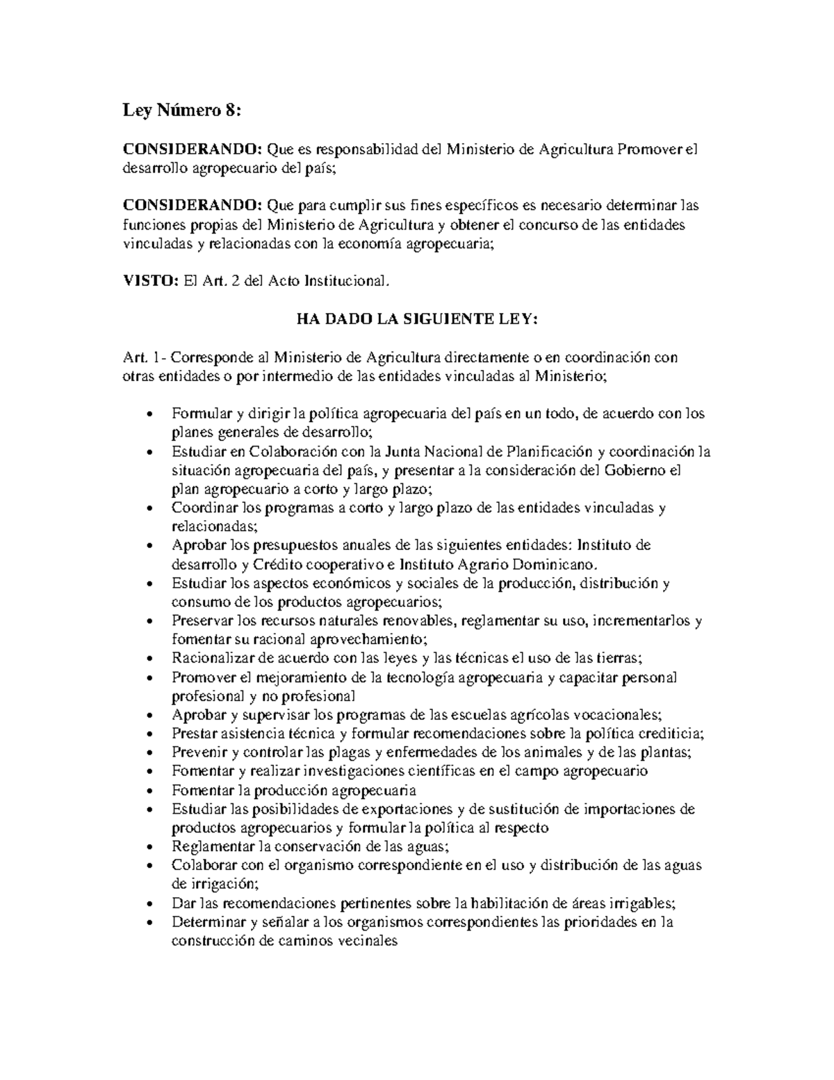 Ley 8 de Septiembre de 1965 determina las Funciones del Ministerio de ...