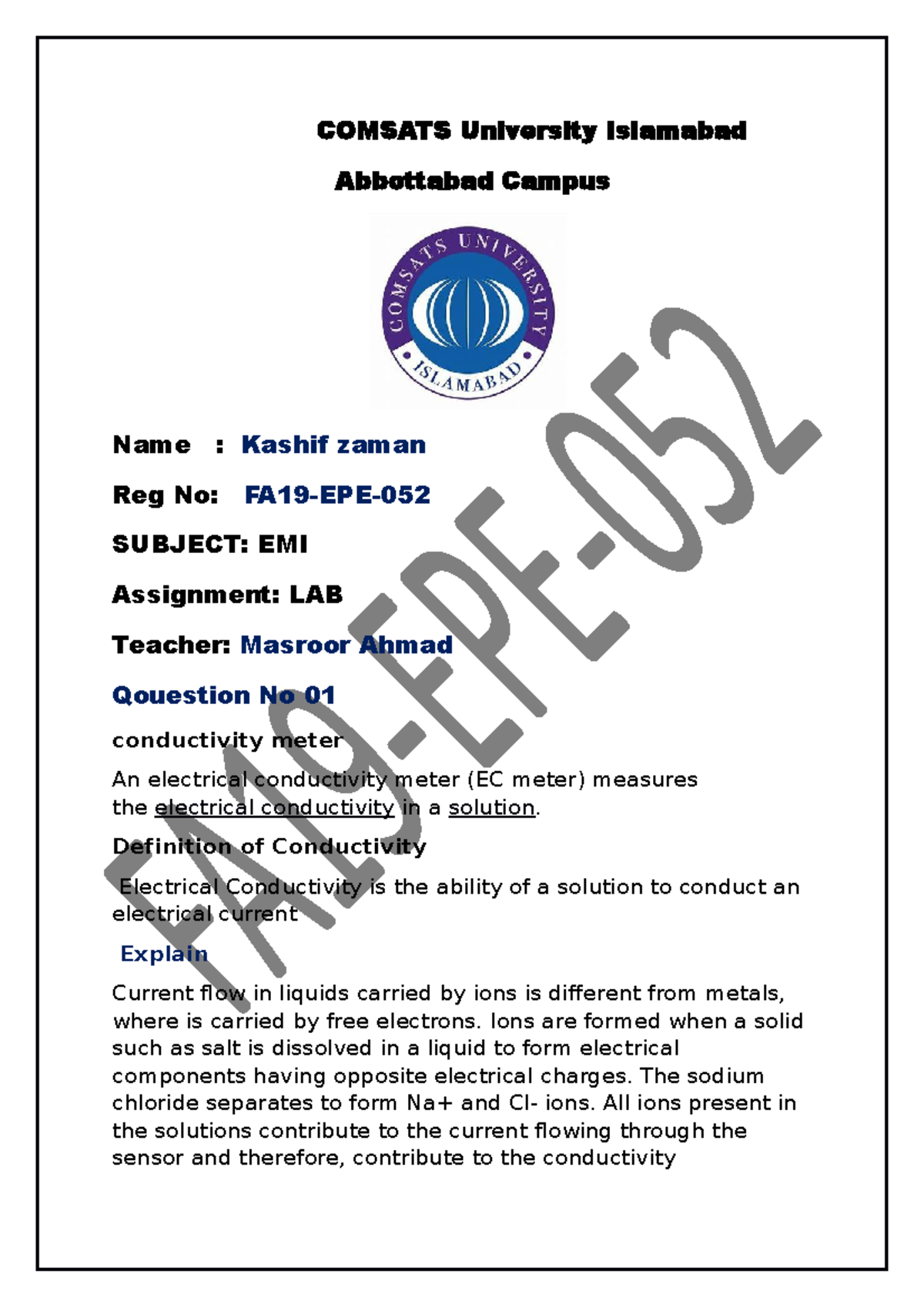 EMI LAB-1 - assignment of emi - COMSATS University Islamabad Abbottabad ...