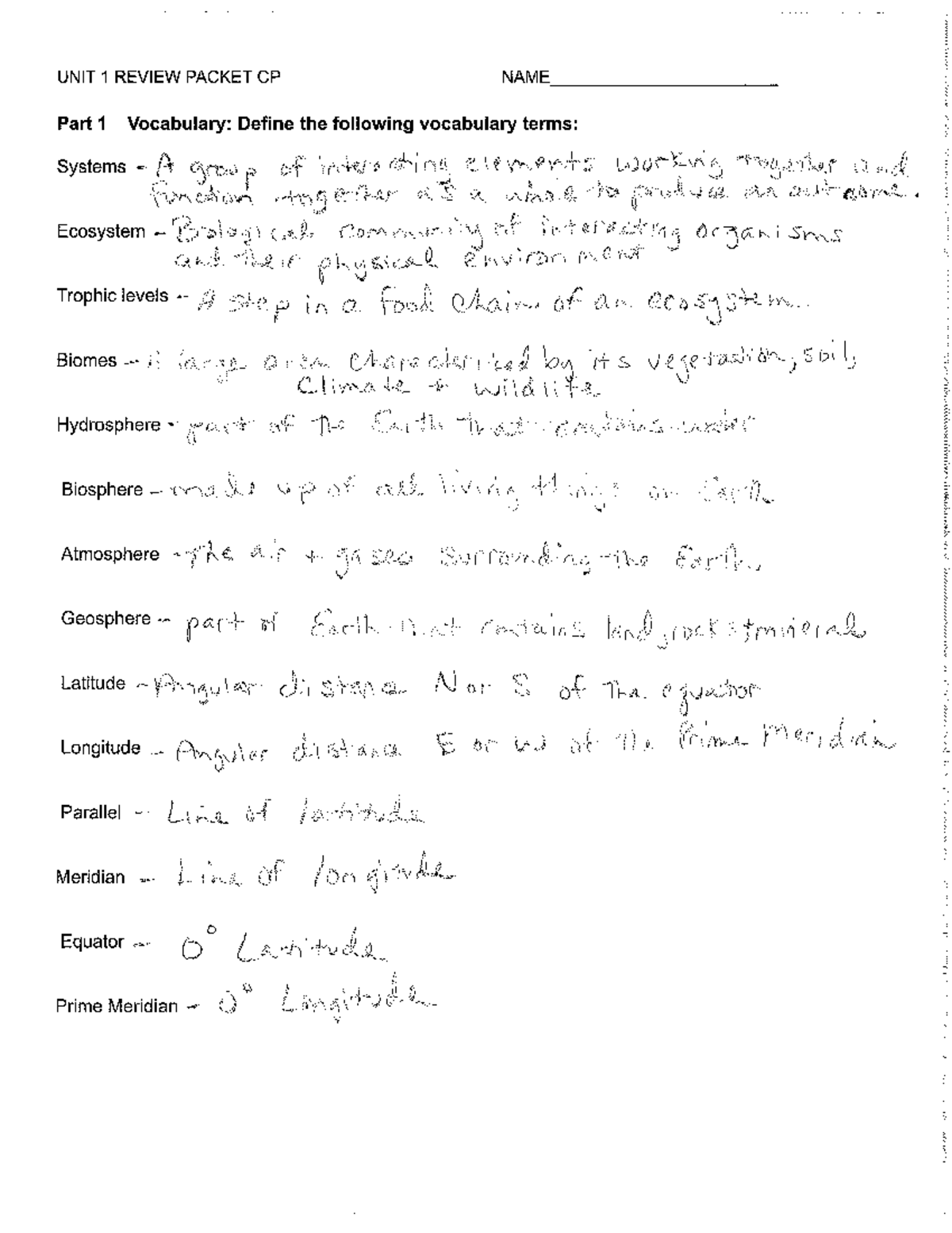 ES Study Guide - UNIT 1 REVIEW PACKET CP NAME Part 1 Vocabulary: Define ...