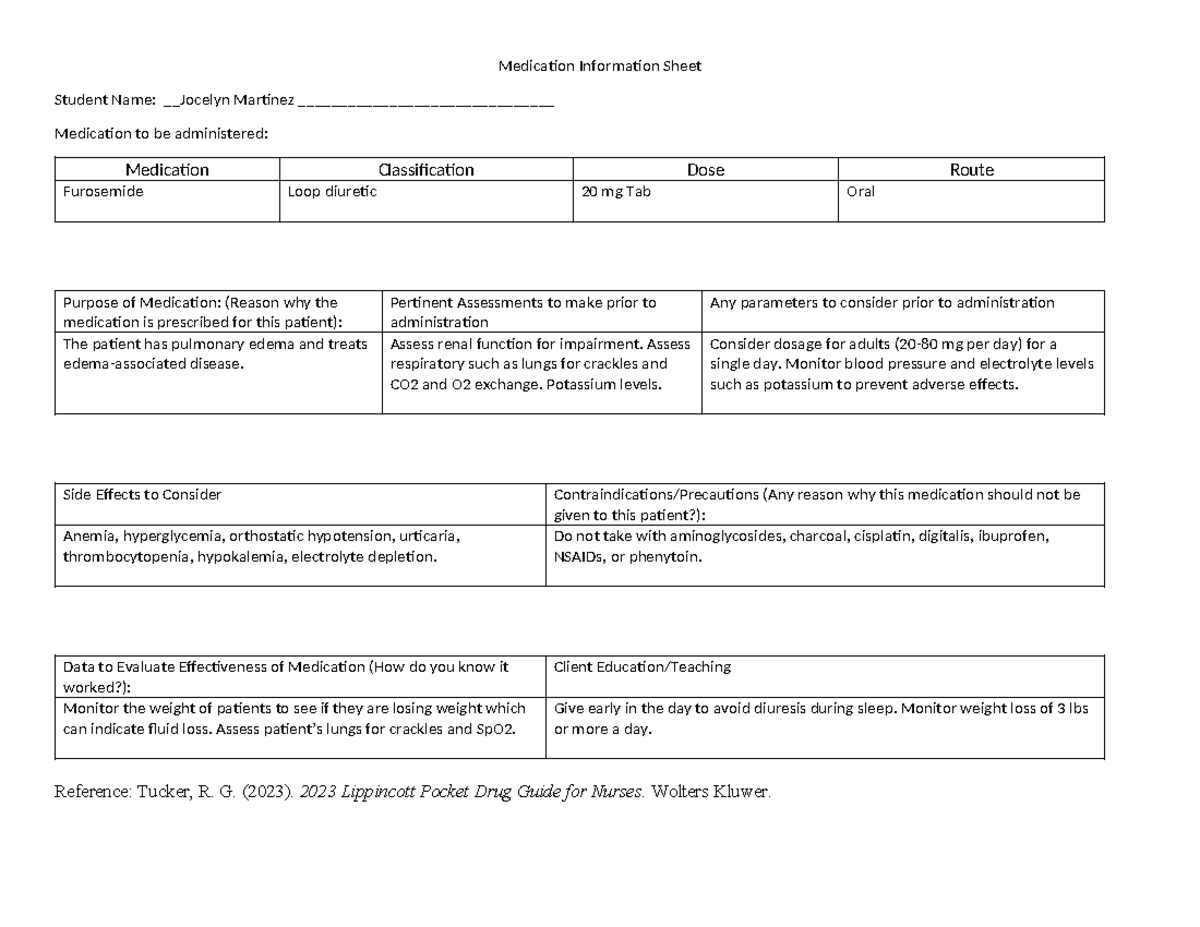 Medication Information Sheet Furosemide - Medication Information Sheet ...