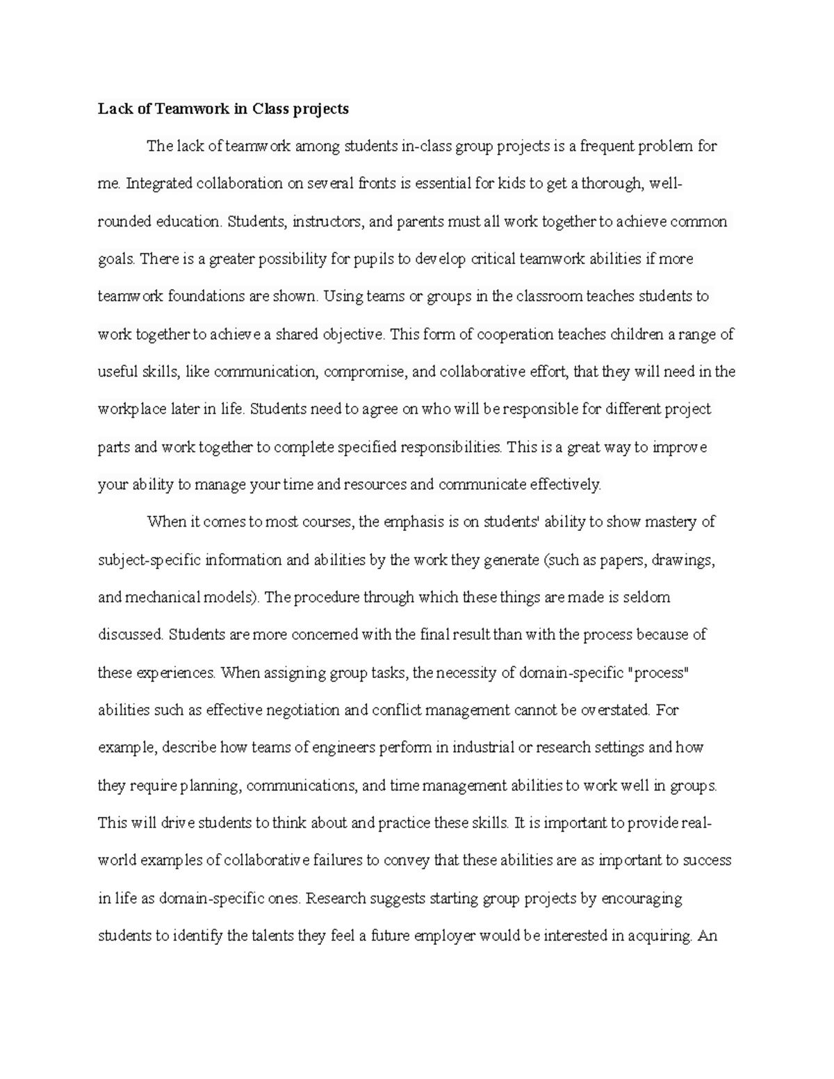 Lack of Teamwork in Class projects solved - Lack of Teamwork in Class ...