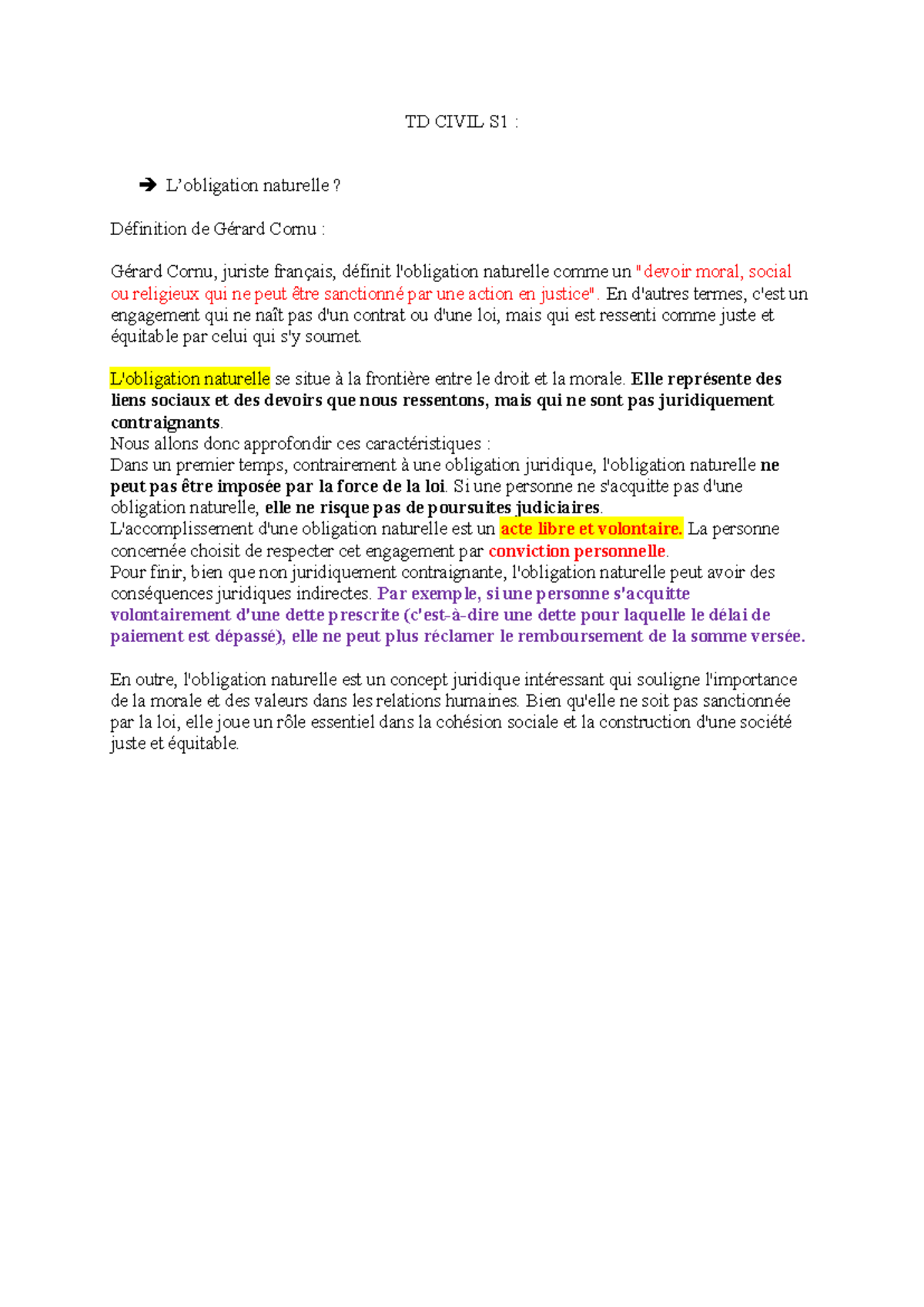 TD Civil S1 - TD CIVIL S1 : L’obligation naturelle? Définition de ...