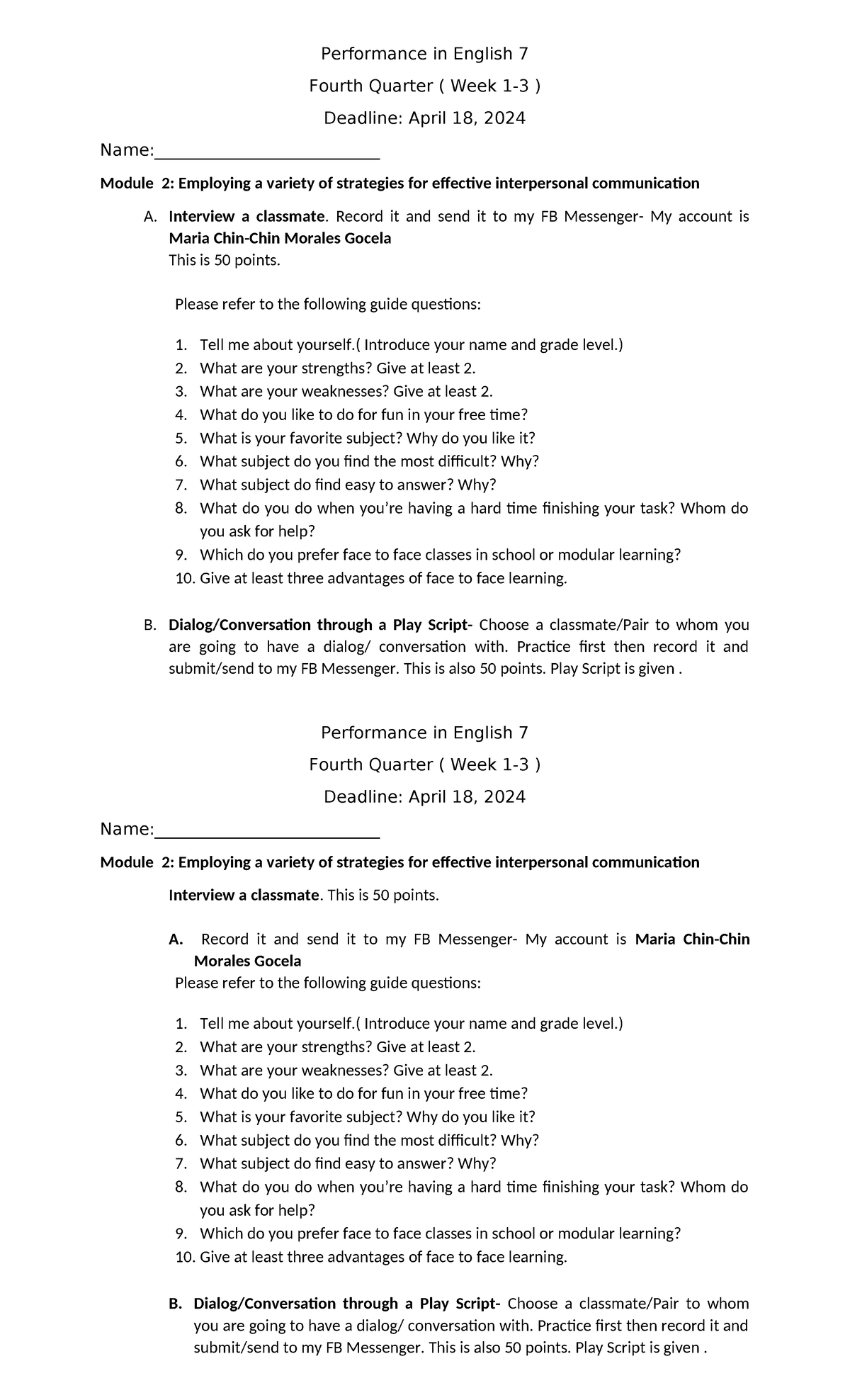 English 7 -Quarter Four -Performance Week 1-3 - Performance in English ...