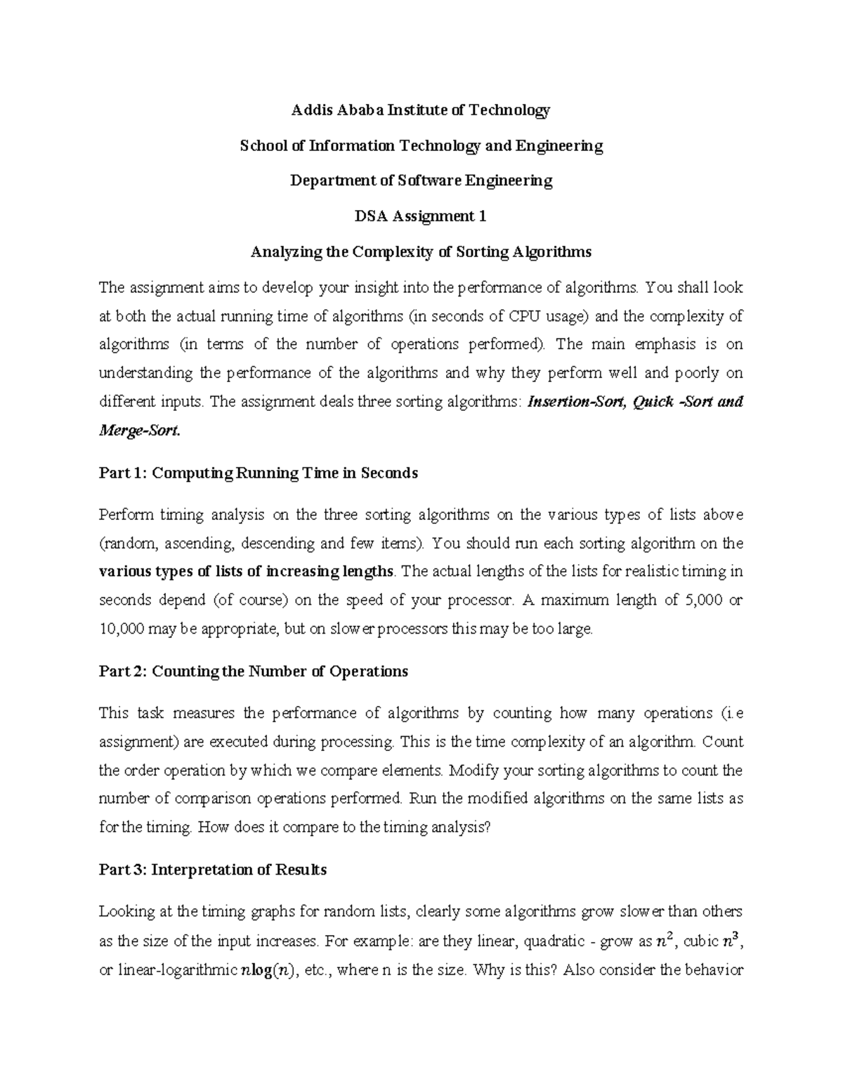 DSA Assignment - Addis Ababa Institute of Technology School of ...