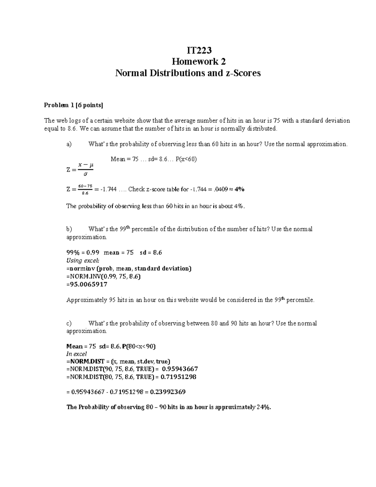 IT223 hw 2 - IT 223 Homework 2 - IT Homework 2 Normal Distributions and ...