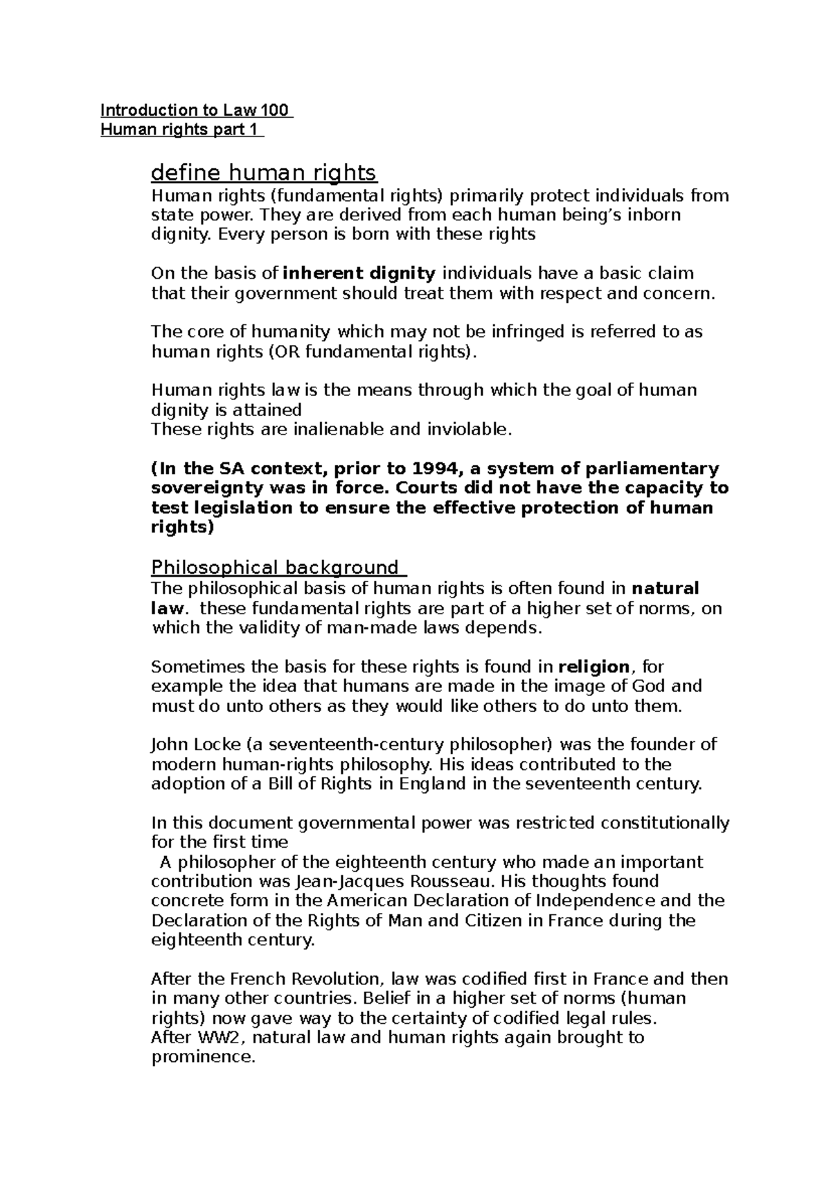 Human rights part 1 - Introduction to Law 100 Human rights part 1 ...