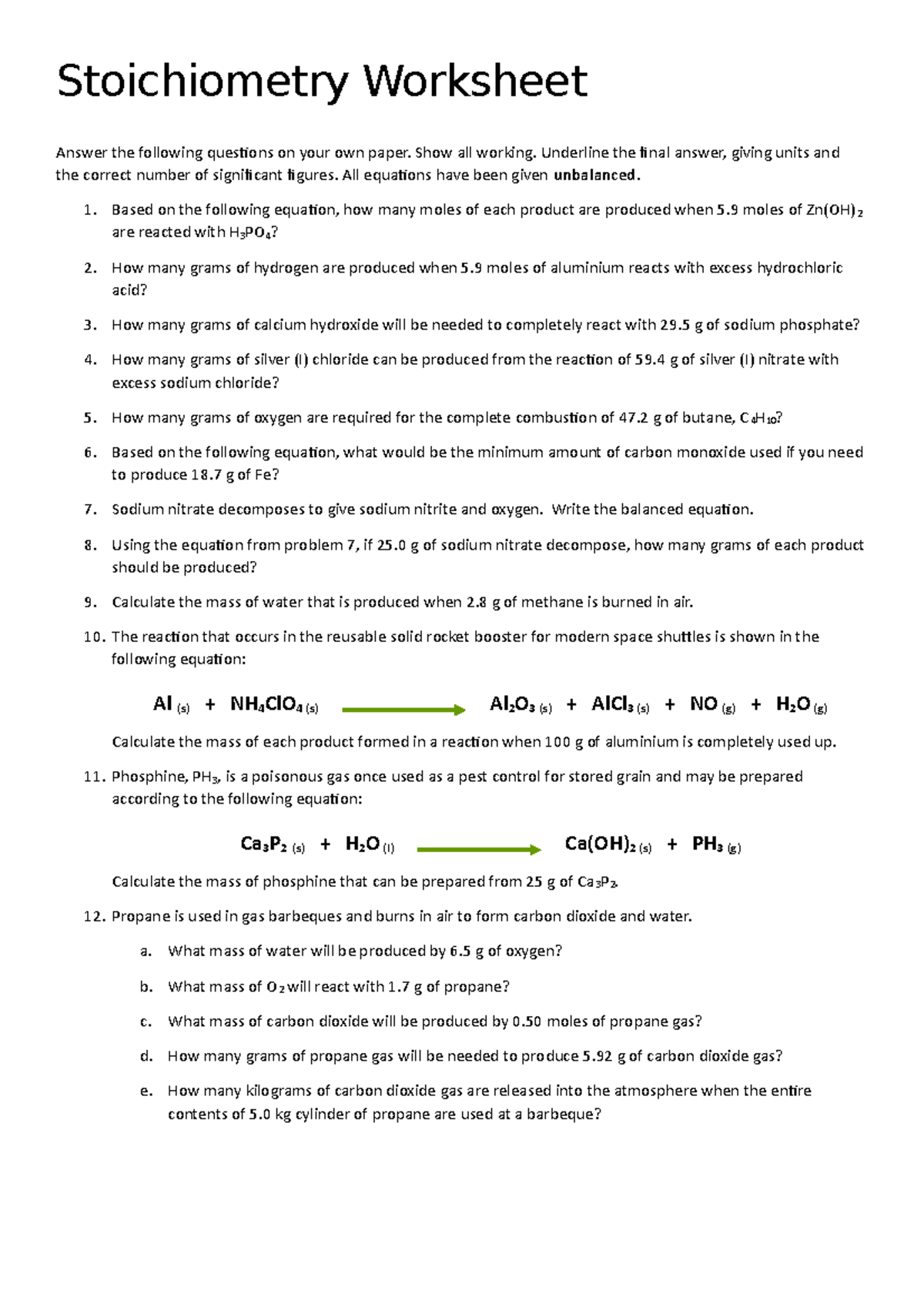3.7.2 Stoichiometry Worksheet - Stoichiometry Worksheet Answer the ...