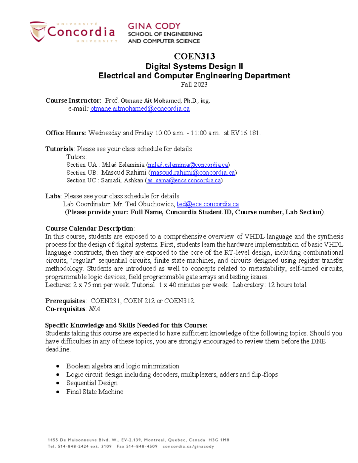 Course Outline Fall2023 - COEN Digital Systems Design II Electrical and ...