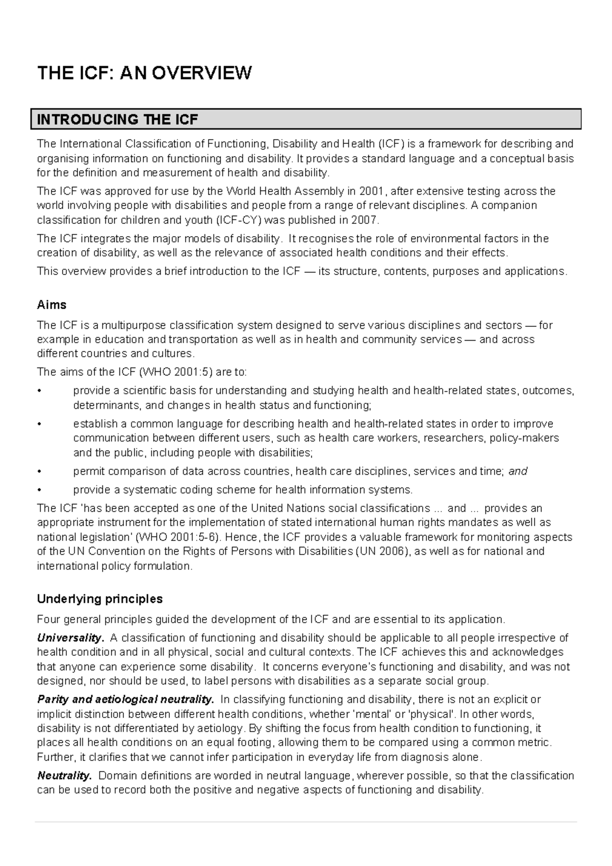 WHO - The ICF- an overview - THE ICF: AN OVERVIEW INTRODUCING THE ICF ...