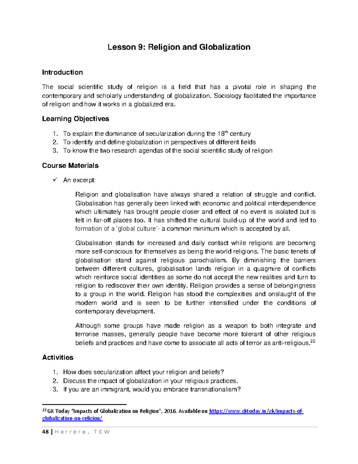 Lesson 9-14 - Lesson 9: Religion and Globalization Introduction The ...