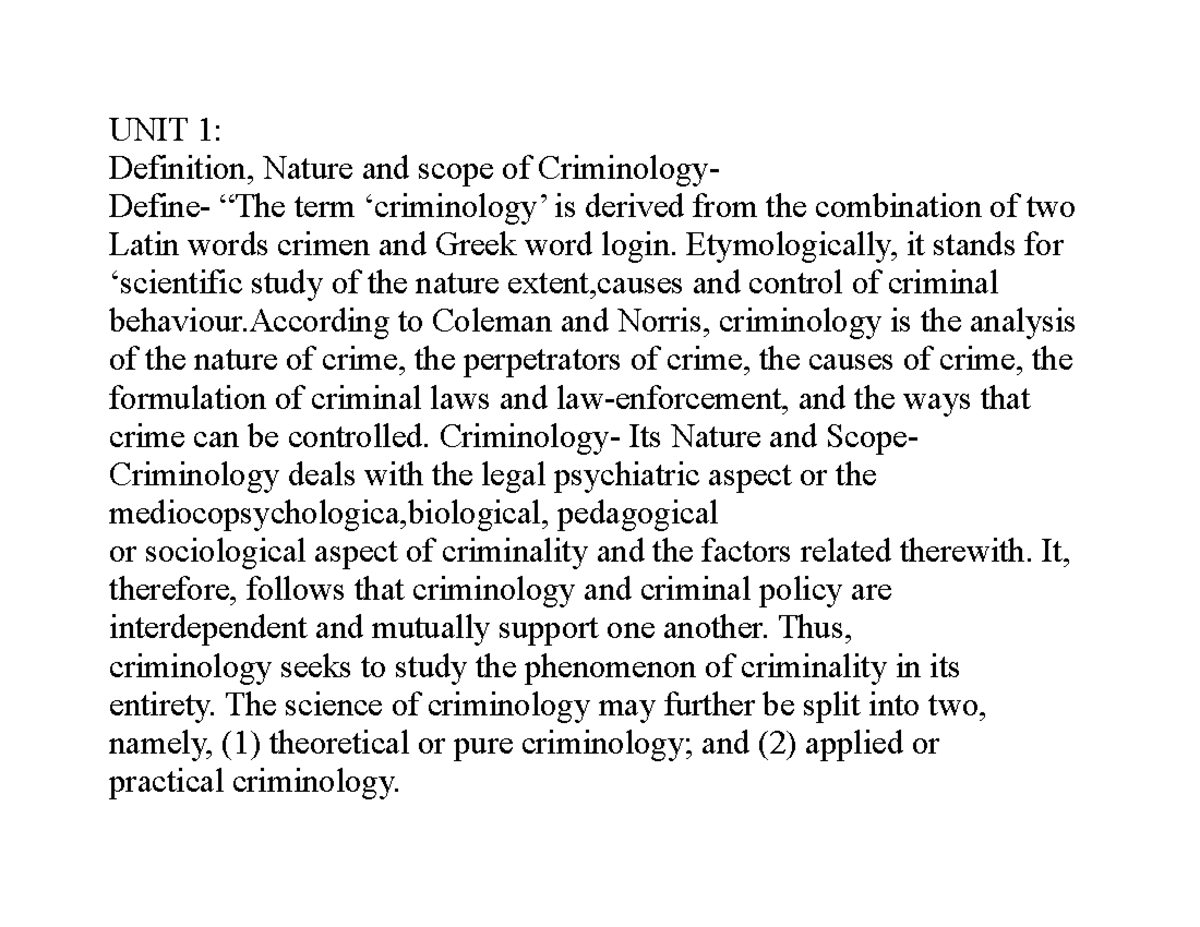 Criminology - all swem - UNIT 1: Definition, Nature and scope of ...