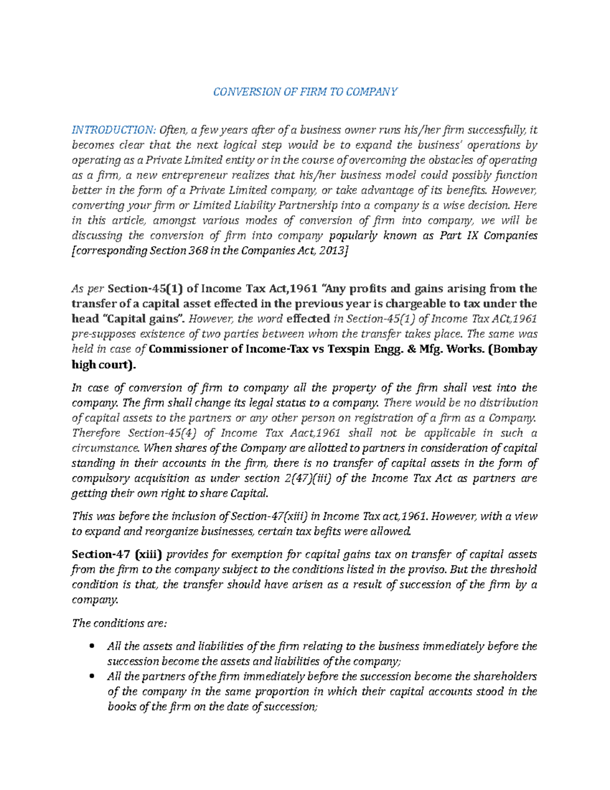 Conversion of firm to Company - CONVERSION OF FIRM TO COMPANY ...