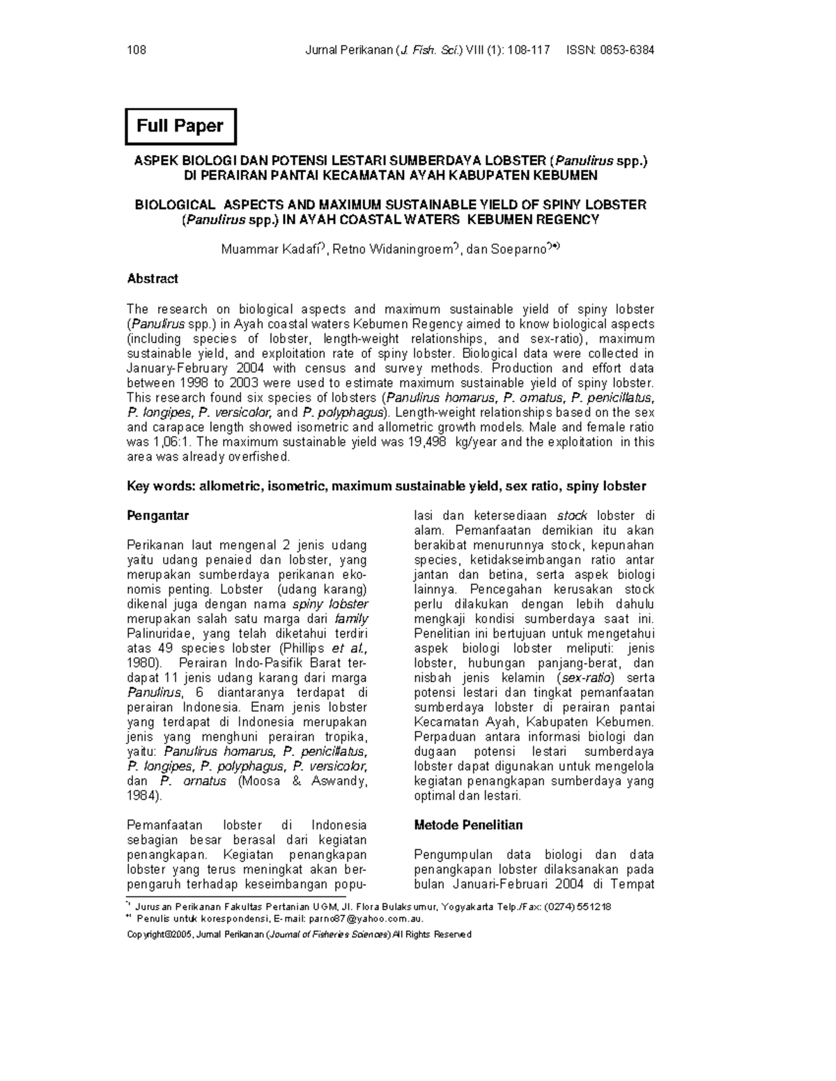 Aspek Biologi dan Potensi Lestari Sumberdaya Lobster (Panulirus spp - Jurnal Perikanan (J. Fish ...