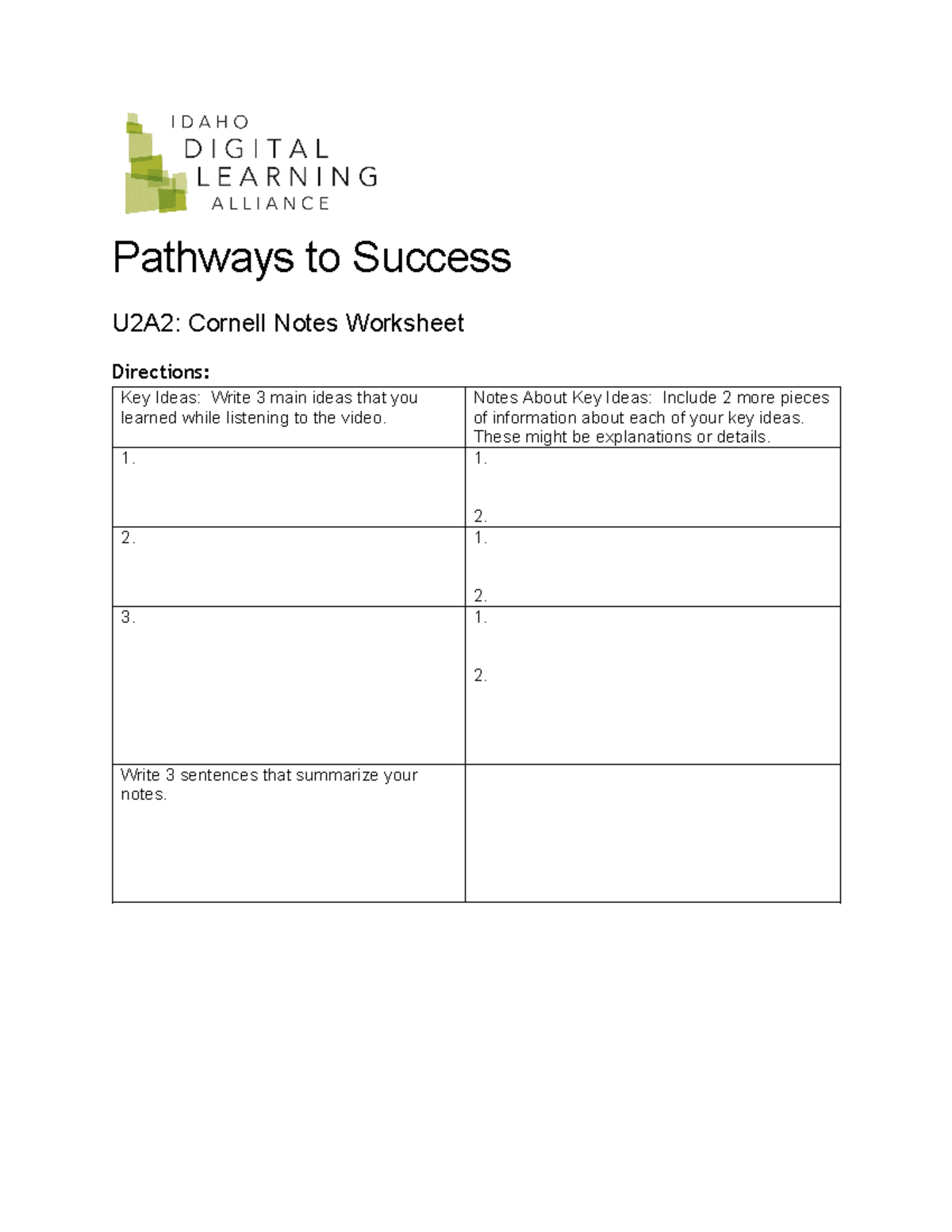 U2A2Cornell Notes Worksheet - Biología IV - Pathways to Success U2A2 ...