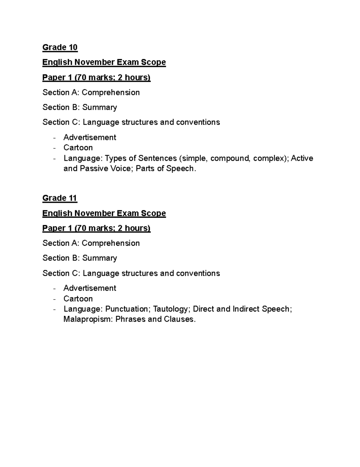 Paper 1 Scope Grade 10 and 11 - Grade 10 English November Exam Scope ...