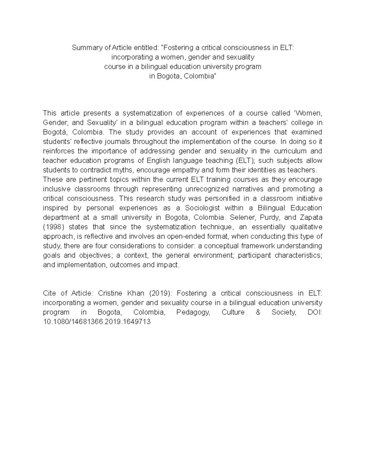 Article Summary 59 - Summary of Article entitled: “Fostering a critical ...