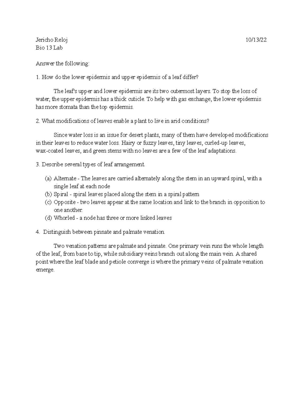 Bio 13 assignment - notes - Jericho Reloj 10/13/ Bio 13 Lab Answer the ...