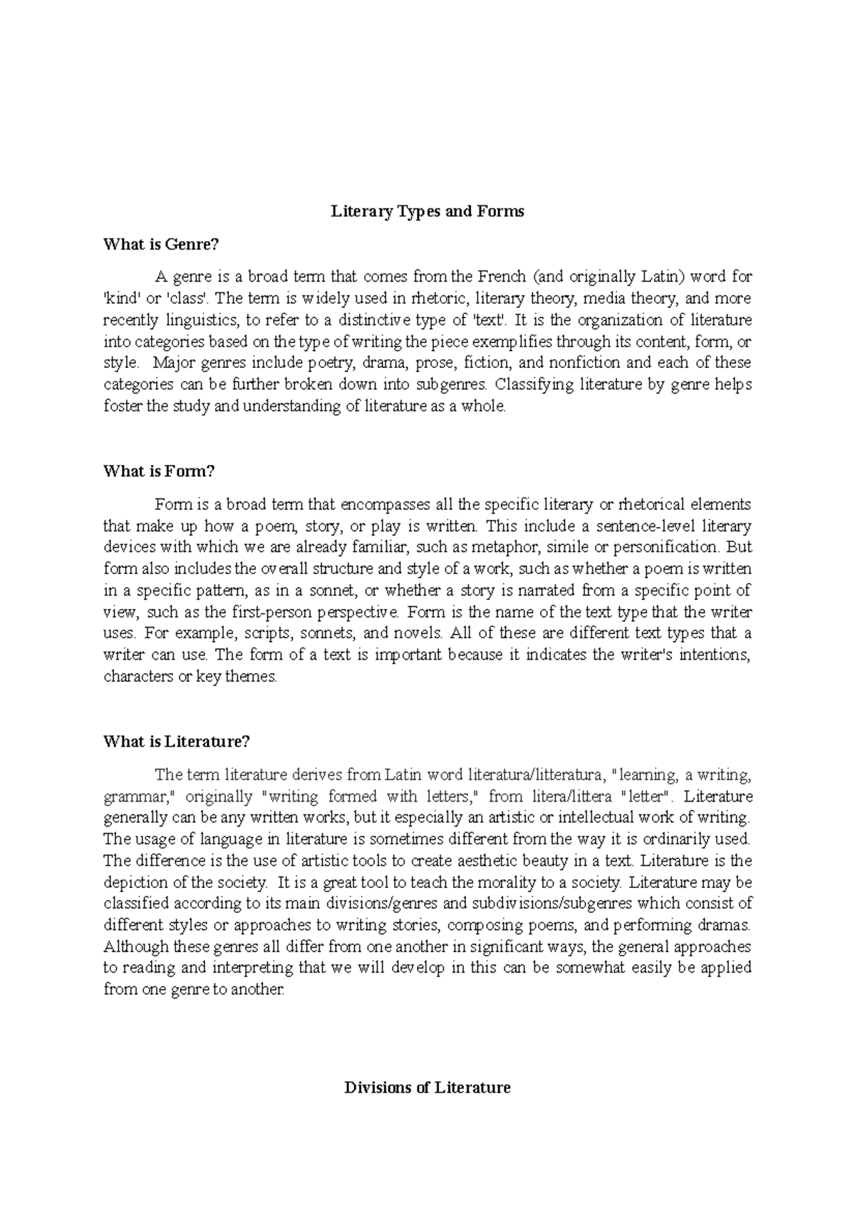 Literary Types and Form - Literature - PangSU - Studocu