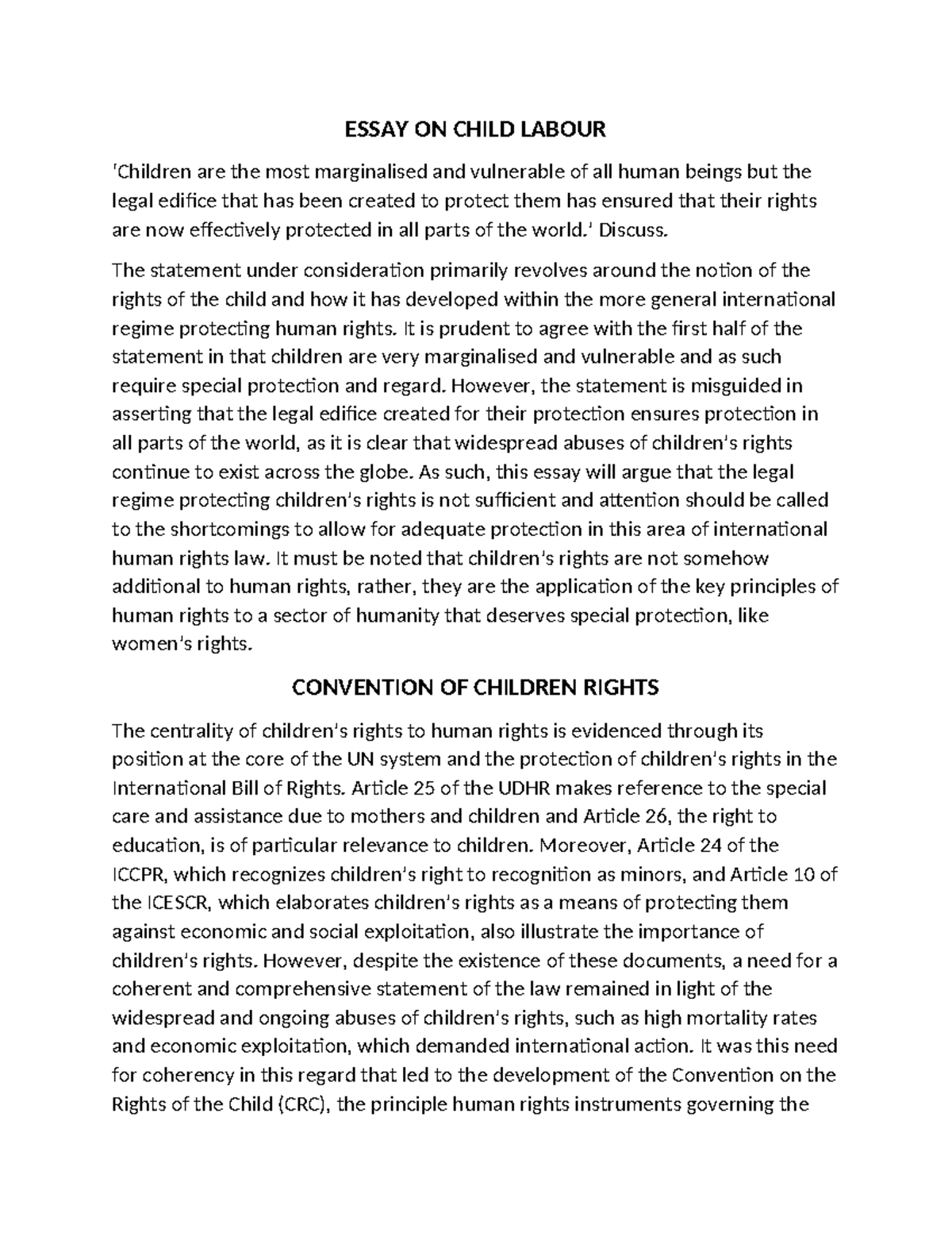 Essay on Child Labour - ESSAY ON CHILD LABOUR ‘Children are the most ...