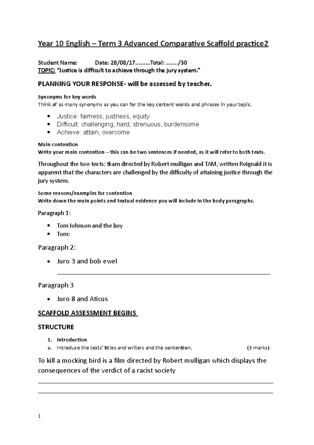 Year 10 Term 3 Integrated Advanced Comparative Scaffold practice 2 ...
