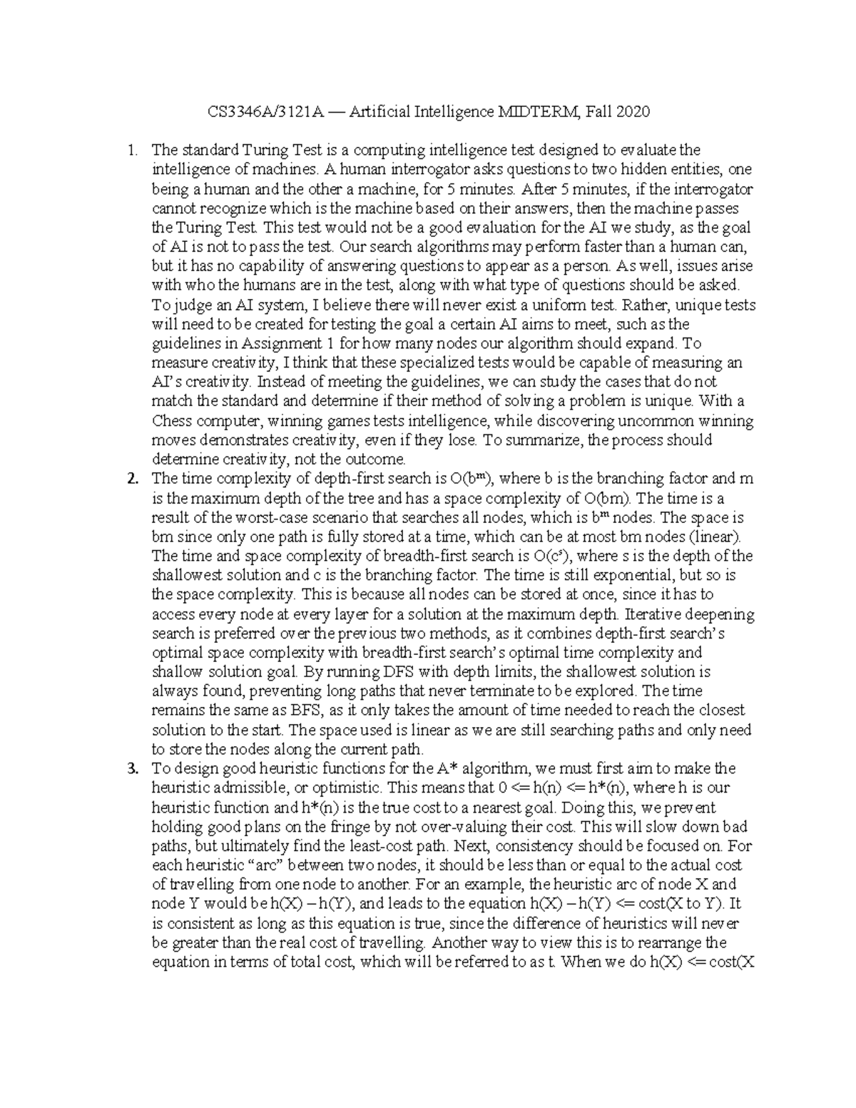 3346 Take Home Midterm - CS3346A/3121A — Artificial Intelligence ...