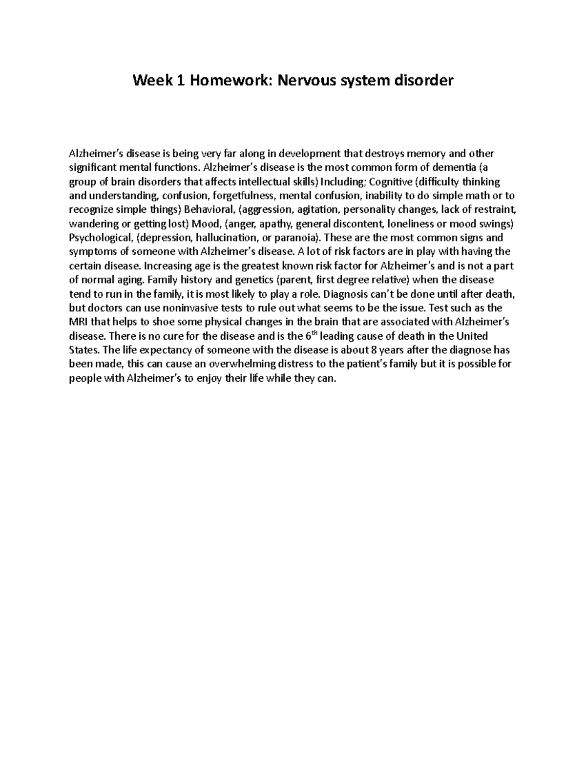 Week 1 Homework Nervous system disorder - Week 1 Homework: Nervous ...
