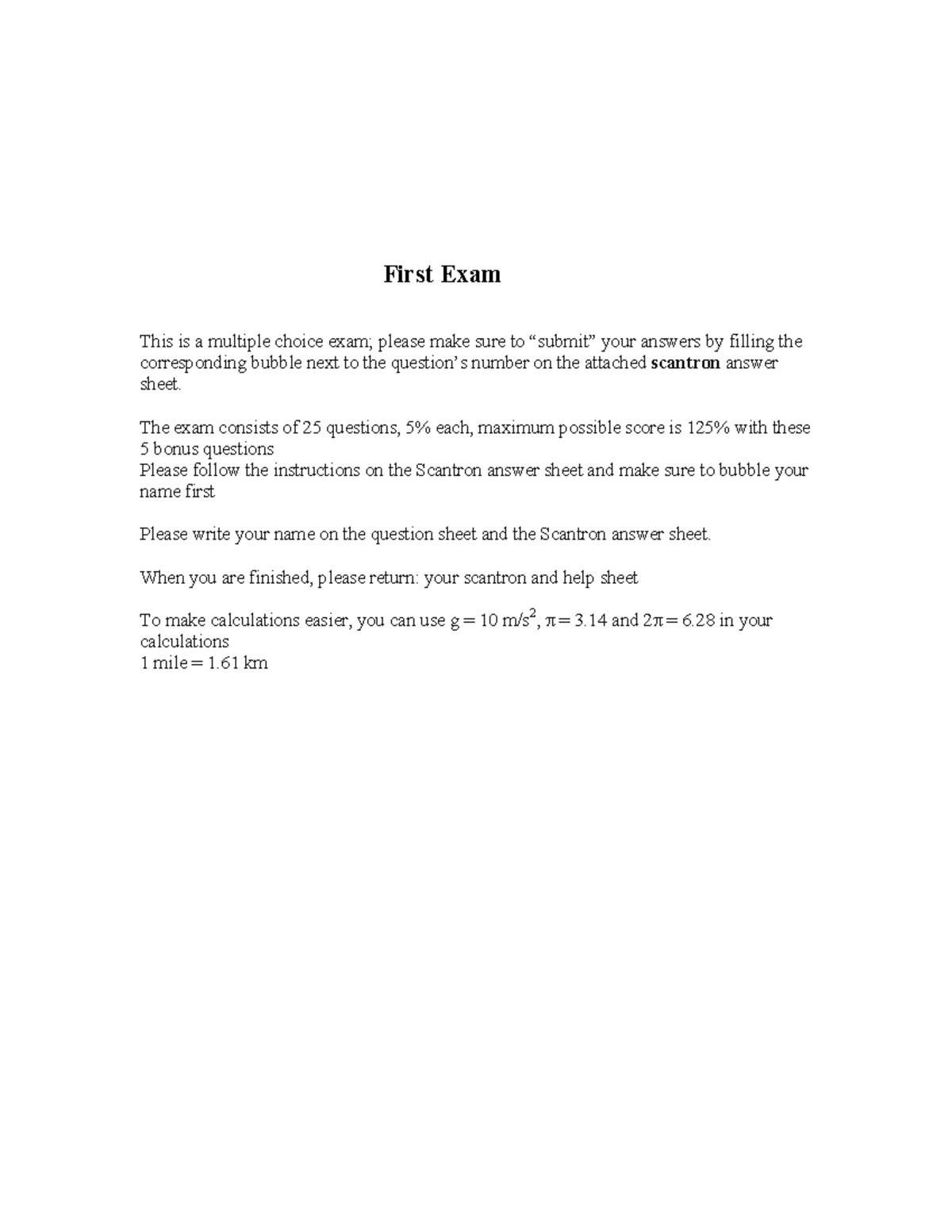 Physcis 1st - exam practice - Engineering/Physics Department Physics 201 Fundamentals of Physics ...