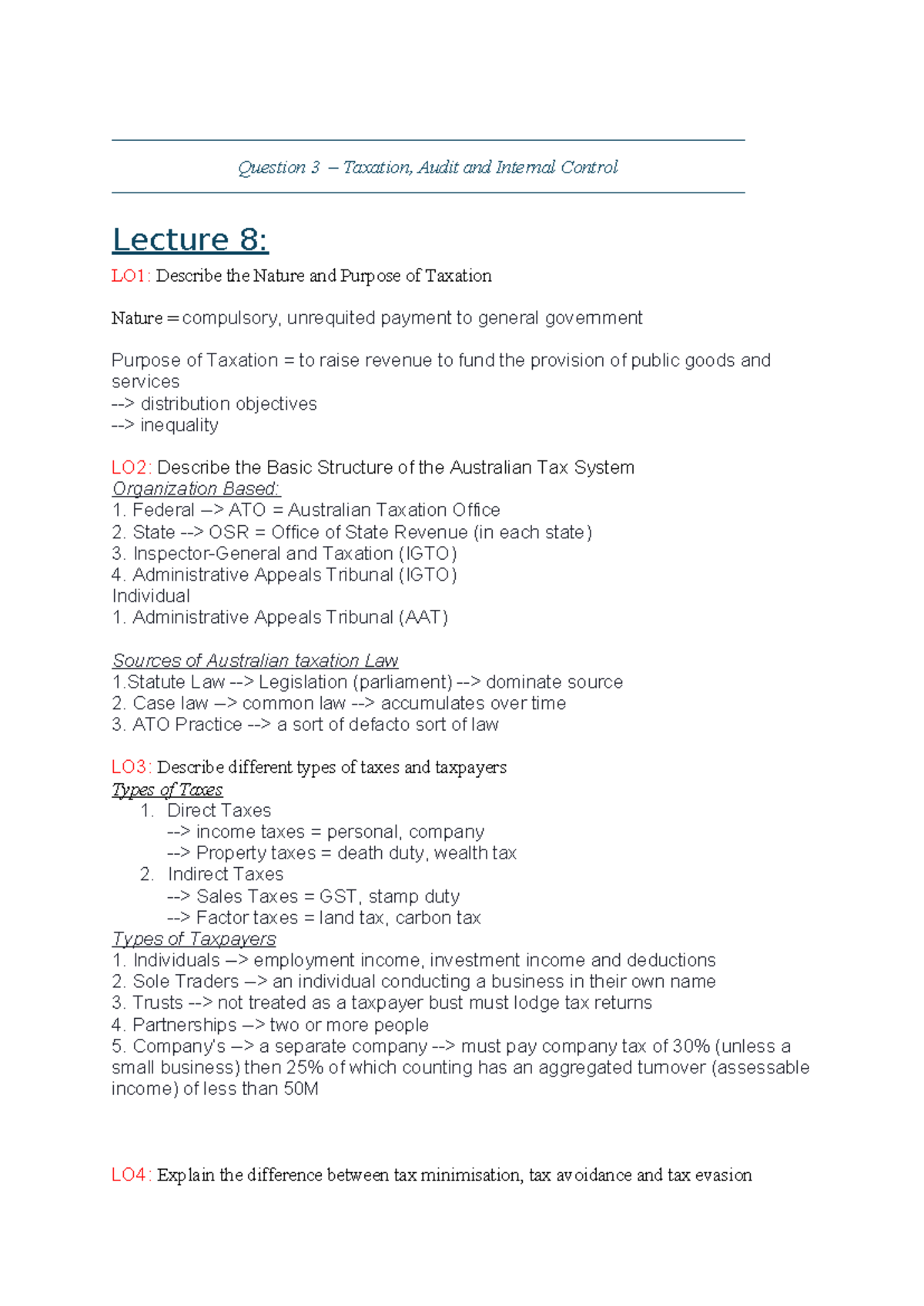 COMM1140 - Q3 FINAL EXAM Notes - Question 3 – Taxation, Audit and ...