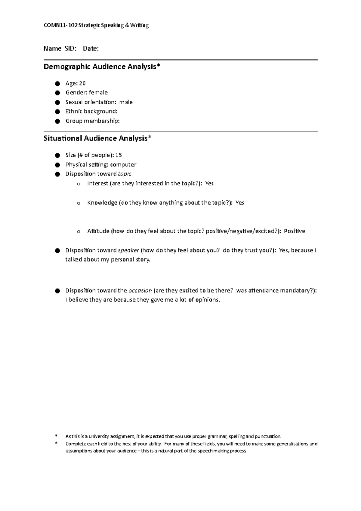 Detailed Speech Outline Form (1) - Strategic Speaking Writing Name SID ...