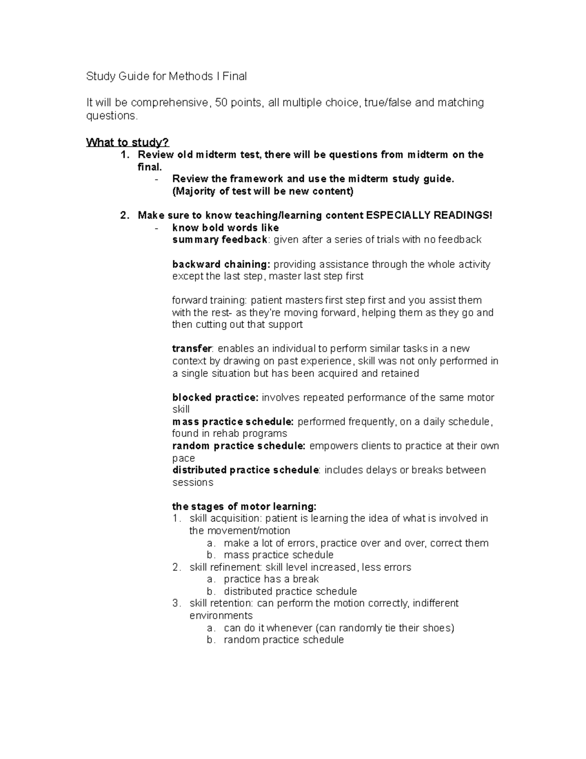 Study Guide for Methods I Final - What to study? Review old midterm ...