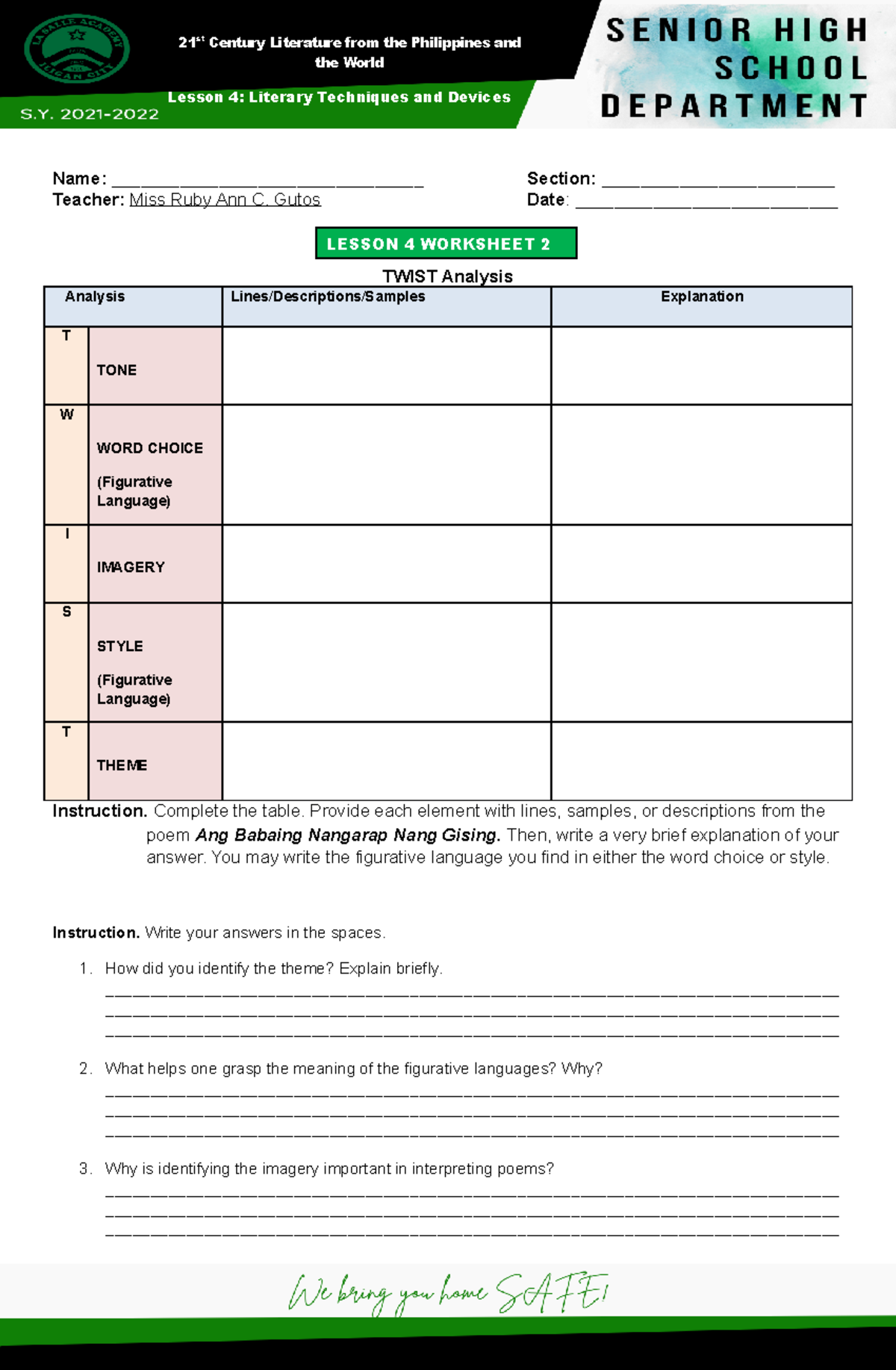 Literature Worksheet 2 - Name: ________________________________ Section