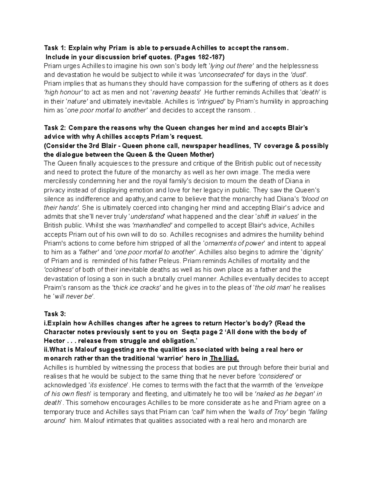 Ransom queen paragraphs - Task 1: Explain why Priam is able to persuade ...