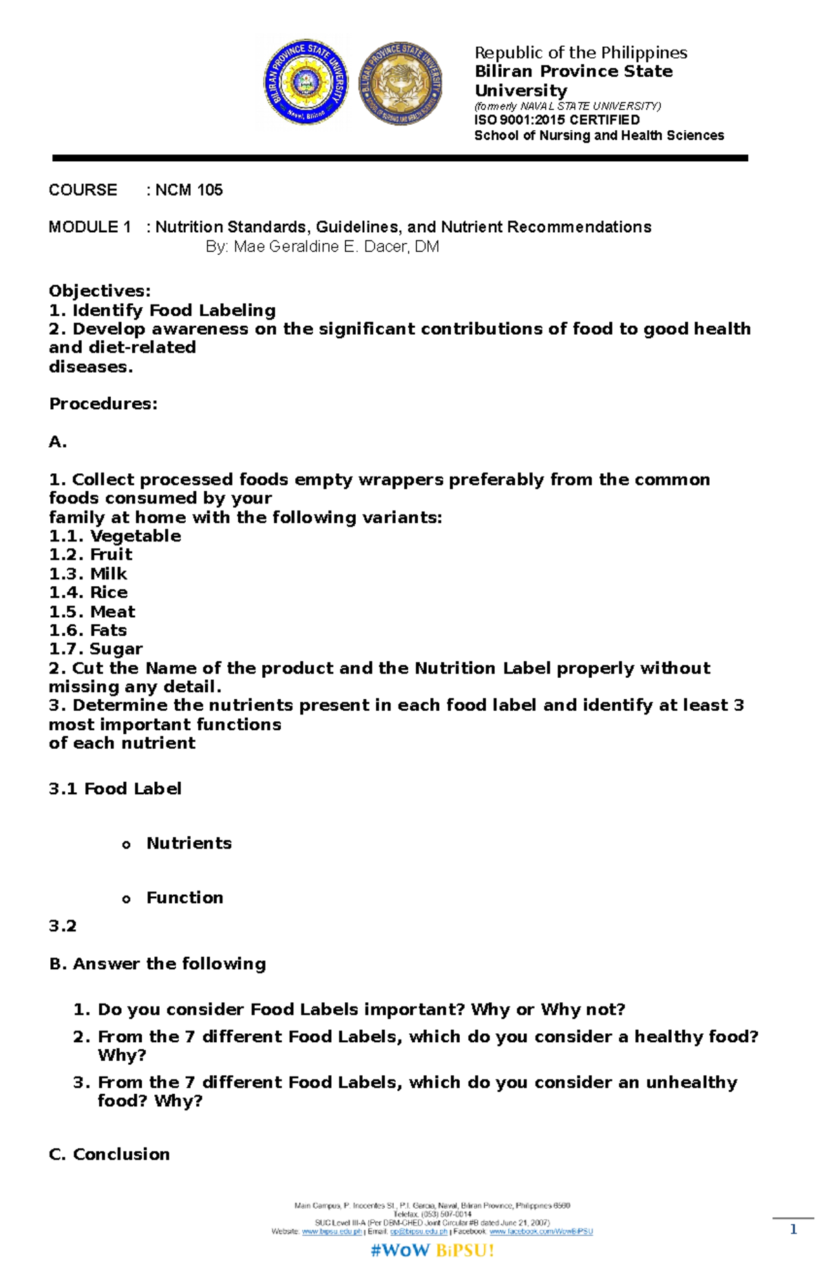 Lesson 1 LAbelling - Republic of the Philippines Biliran Province State ...