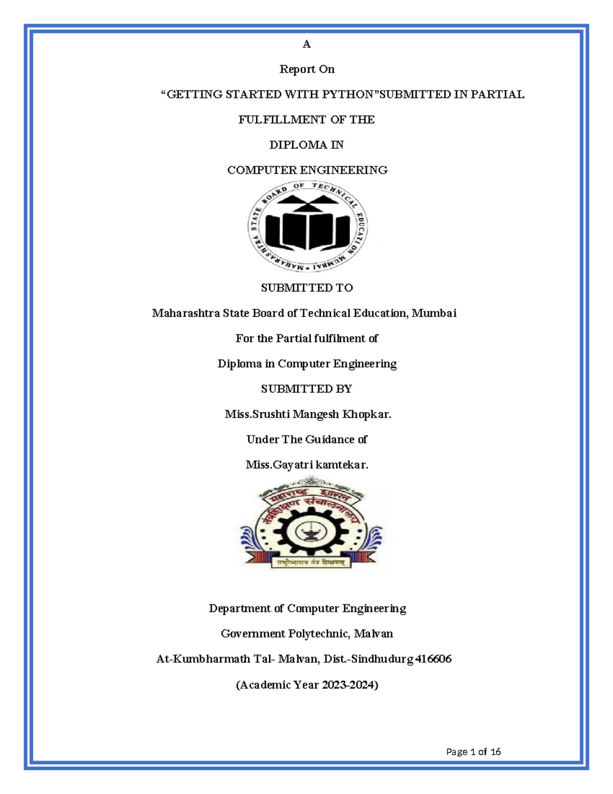 My report - A Report On “GETTING STARTED WITH PYTHON”SUBMITTED IN ...