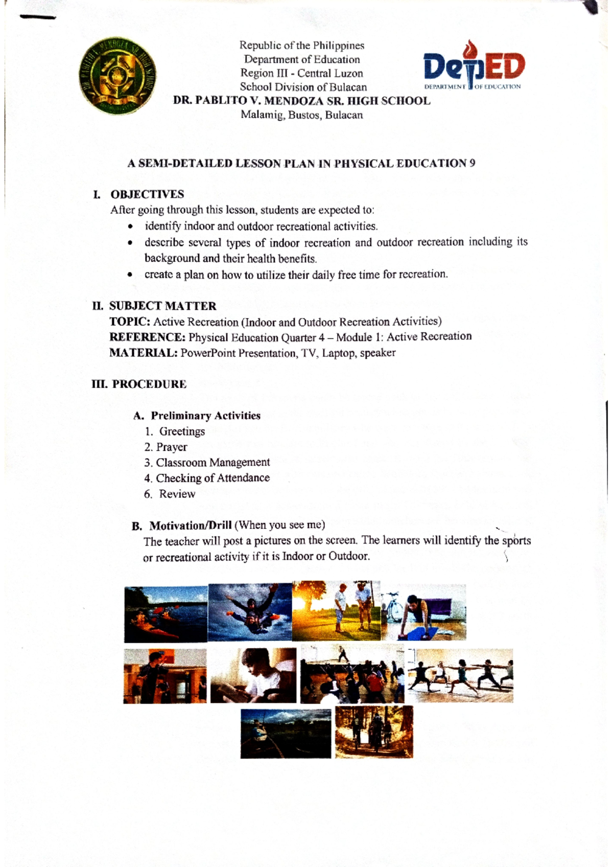 Active Recreation Lesson PLAN - Republic of the Philippines Department ...