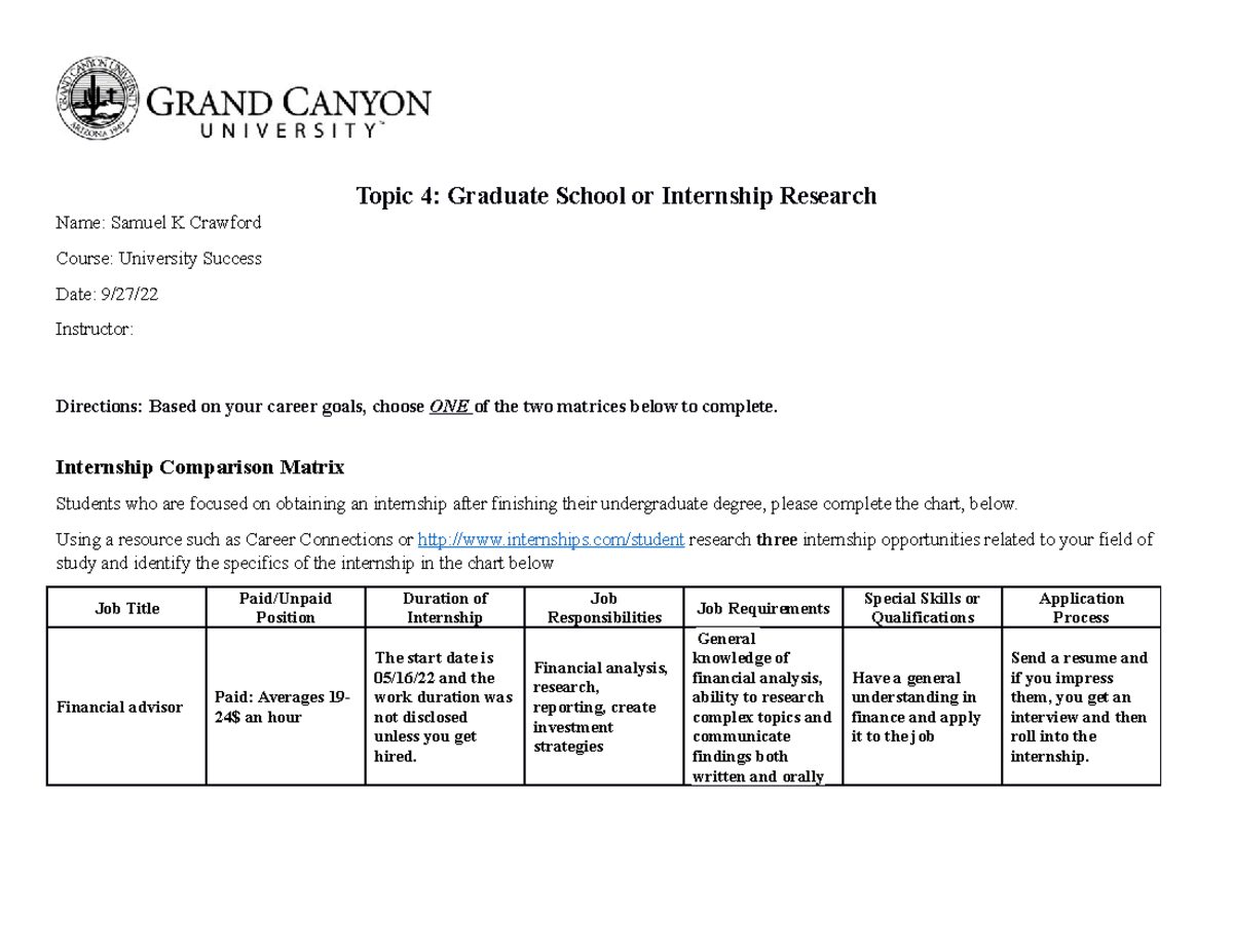 UNV 103 RS T4 Graduate Schoolor Internship Worksheet - Deprecated API ... UNV 103 RS T4 Graduate Schoolor Internship Worksheet - Deprecated API ...