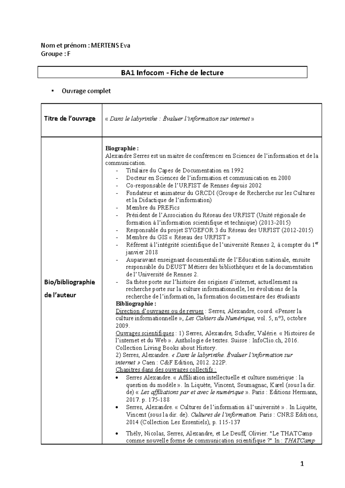 Fiche de lecture - Canevas - Nom et prénom : MERTENS Eva Groupe : F BA1 ...