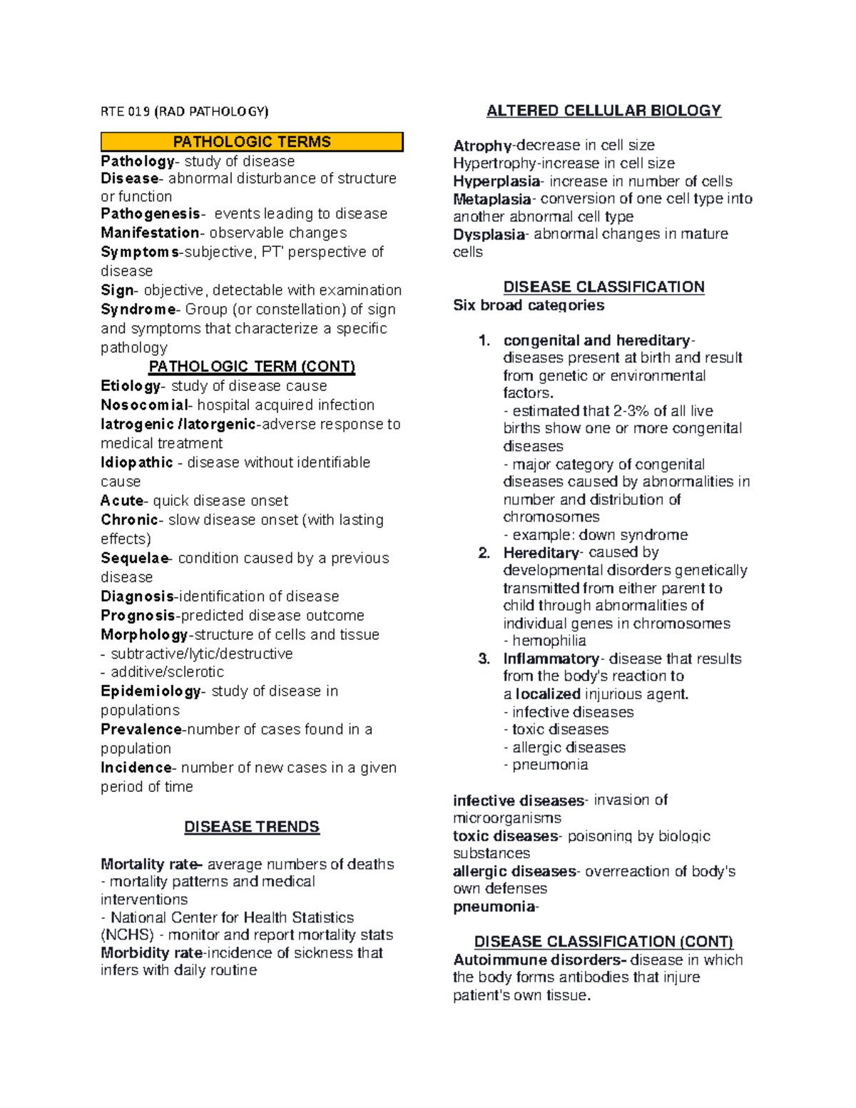 P1 RTE 019 (RAD Pathology) - RTE 019 (RAD PATHOLOGY) PATHOLOGIC TERMS ...