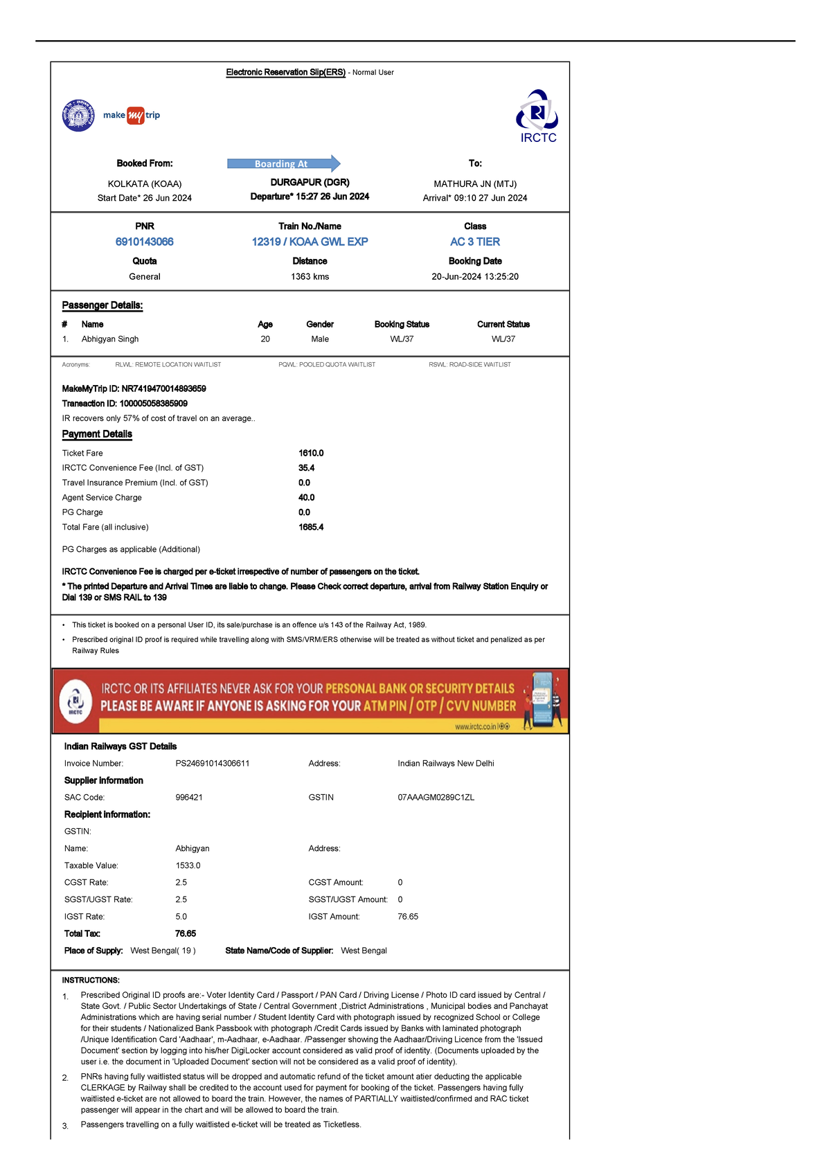 RAIL-NR7419470014893659 - Electronic Reservation Slip(ERS) - Normal ...