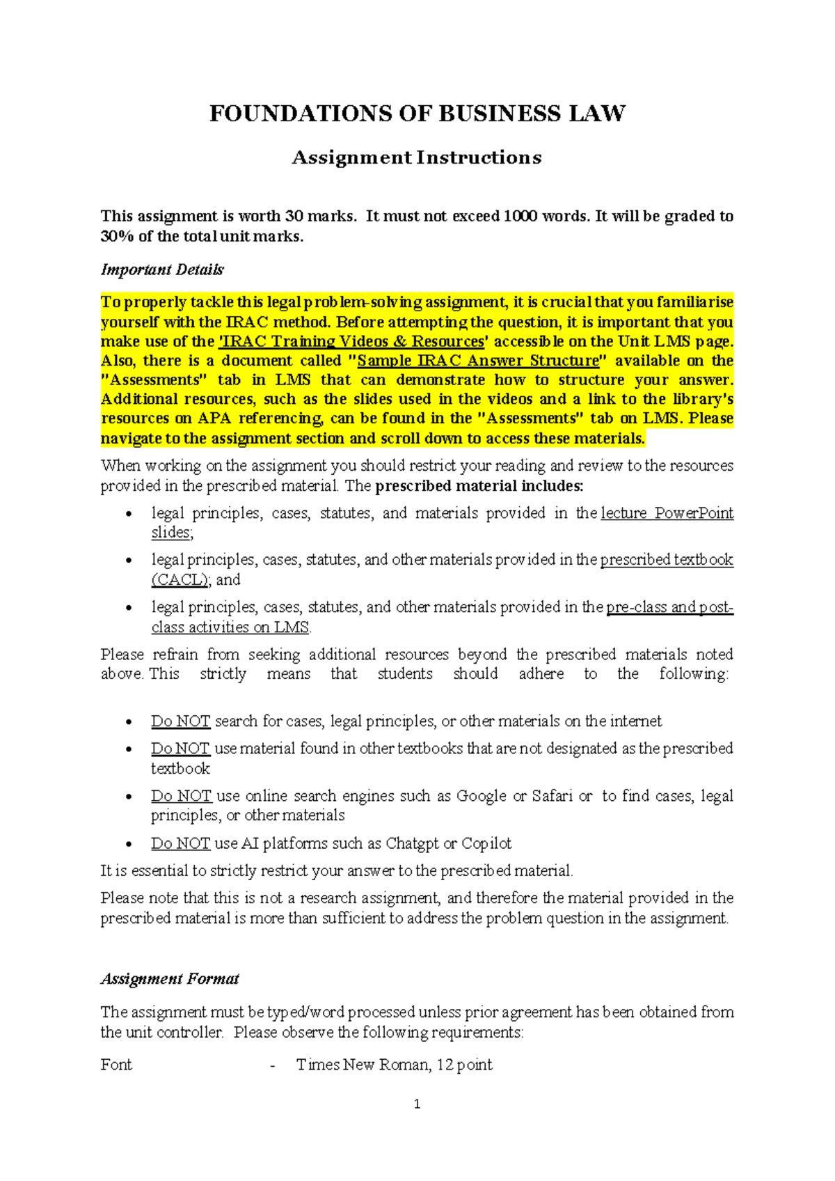 Assignment Instructructions - 1 FOUNDATIONS OF BUSINESS LAW Assignment ...