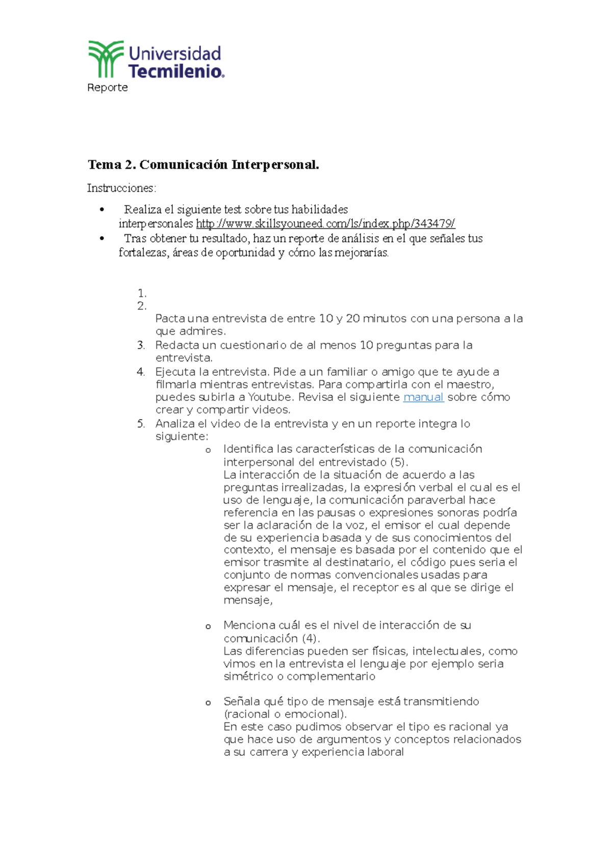123 - NOTAS - Reporte Tema 2. Comunicación Interpersonal. Instrucciones ...