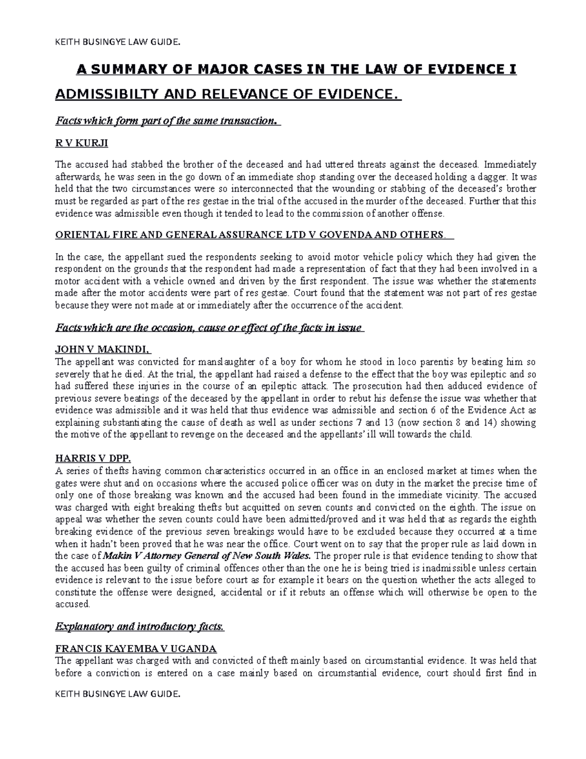 A Summary OF Major Cases IN Evidence LAW - A SUMMARY OF MAJOR CASES IN ...